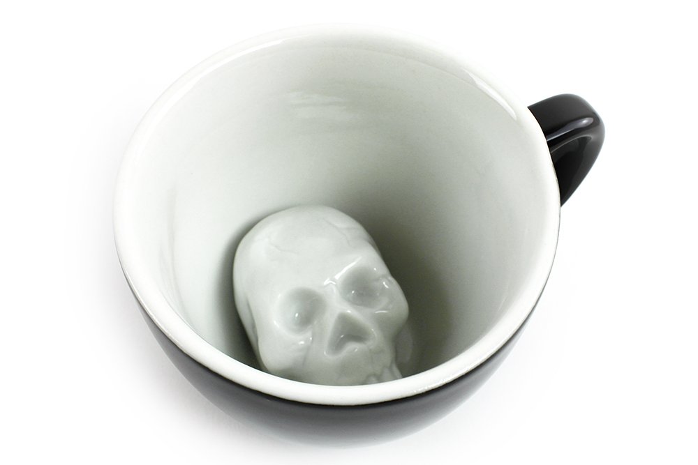 Creature Cups SKULL Ceramic Cup (11 Ounce, Black Exterior) | Hidden 3D Creature Inside Mug Emerges As You Drink | Spooky Creepy Coffee & Tea Cup
