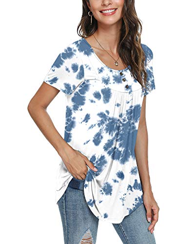 POPYOUNG Women's 2023 Spring-Summer Casual Short Sleeve Tunic Tops Ruffle Blouse T-Shirts XL, Blue Tie dye