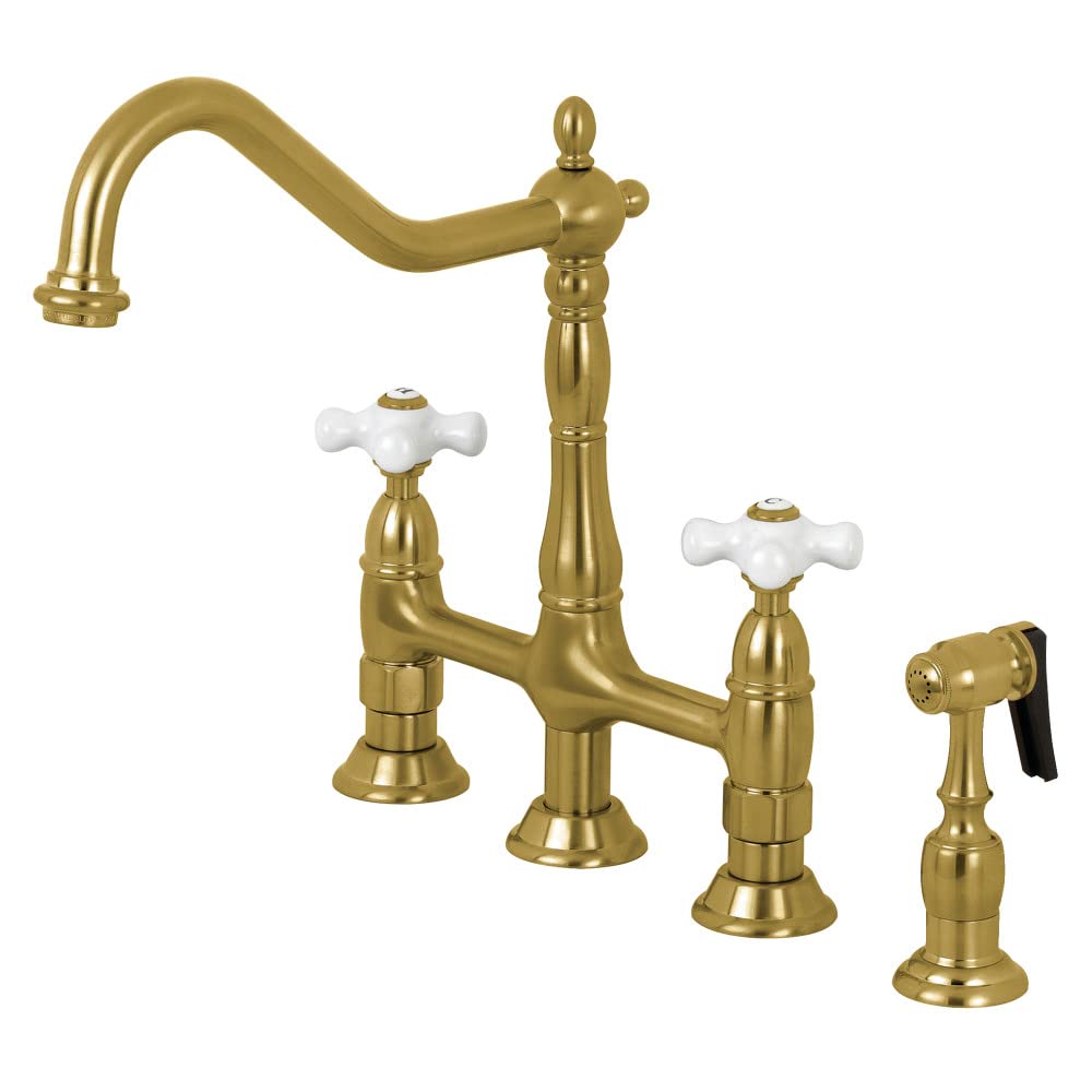 Kingston Brass KS1277PXBS Heritage 8-Inch Center Kit Bridge Faucet with Brass Sprayer, Brushed Brass