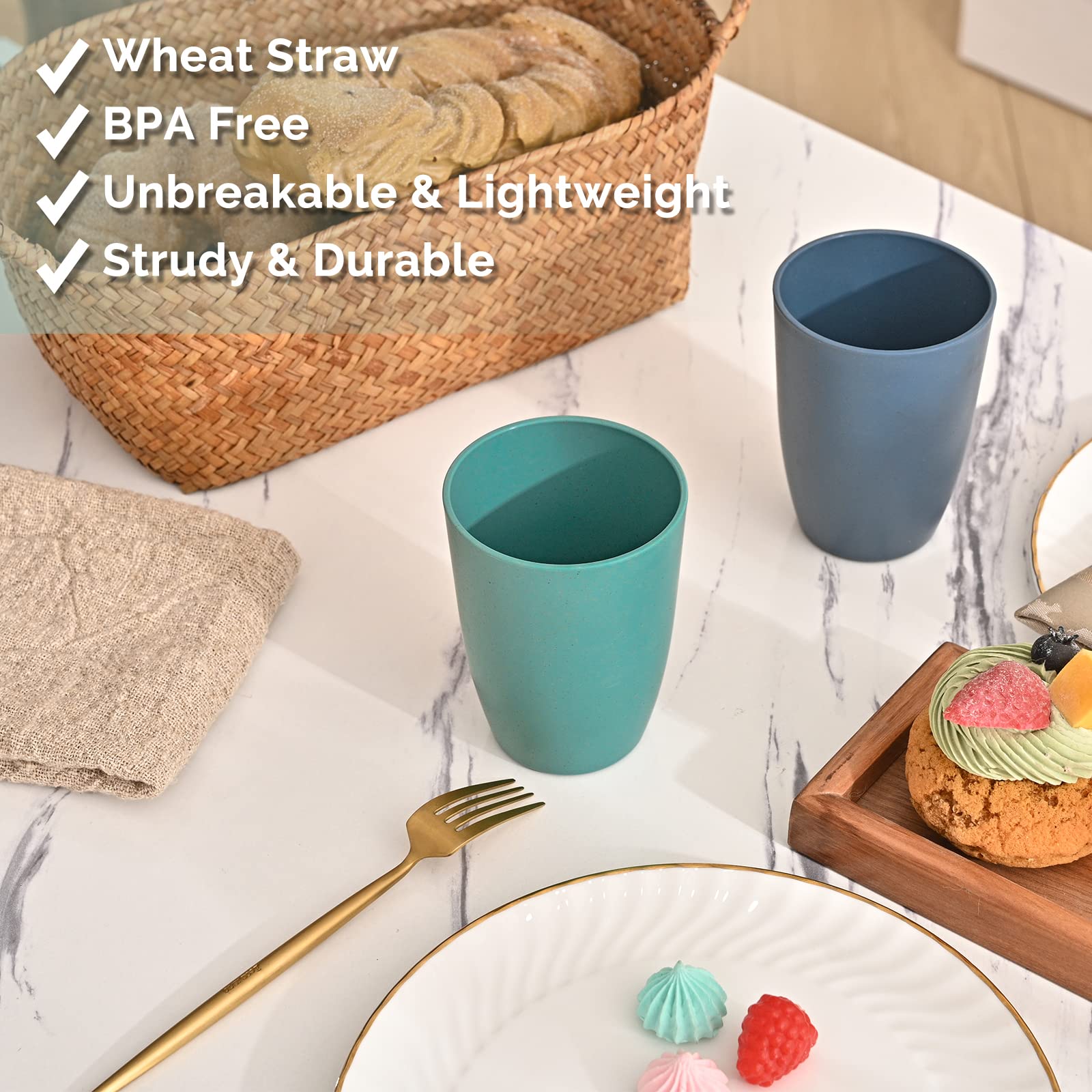 CRETVIS 11OZ Unbreakable Wheat Straw Cup, 6 Pcs Reusable Dishwasher Safe Drinking Cups, Stackable Coffee Tea, Juice Cup, Tumbler Water Mugs for Kitchen Parties, Travel Picnics and Weddings