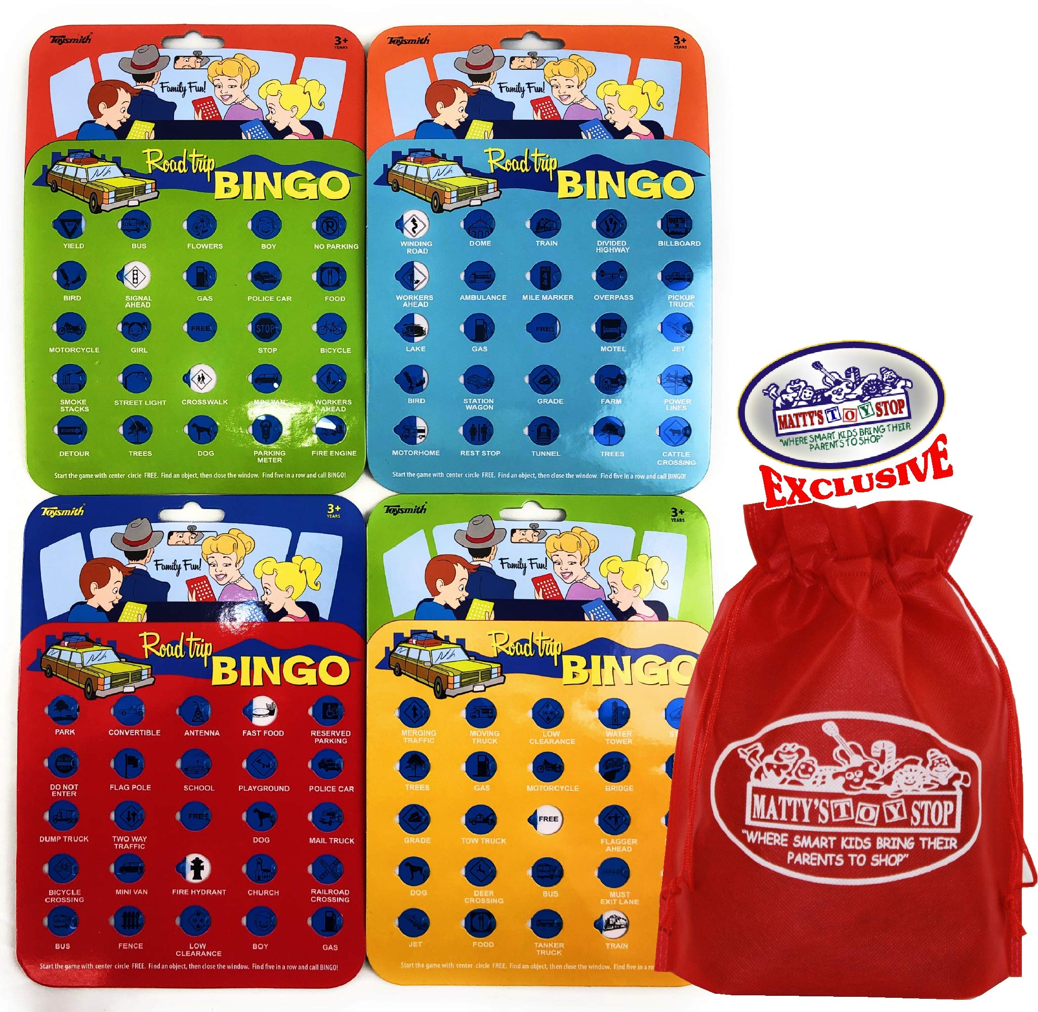Toysmith Road Trip Bingo Cards Red, Blue, Green & Orange Gift Set Travel Bundle with Bonus Matty's Toy Stop Storage Bag - 4 Pack
