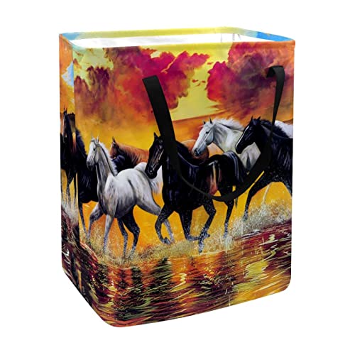 Horses Runs in Splashes Water Print Collapsible Laundry Hamper, 60L Waterproof Laundry Baskets Washing Bin Clothes Toys Storage for Dorm Bathroom Bedroom