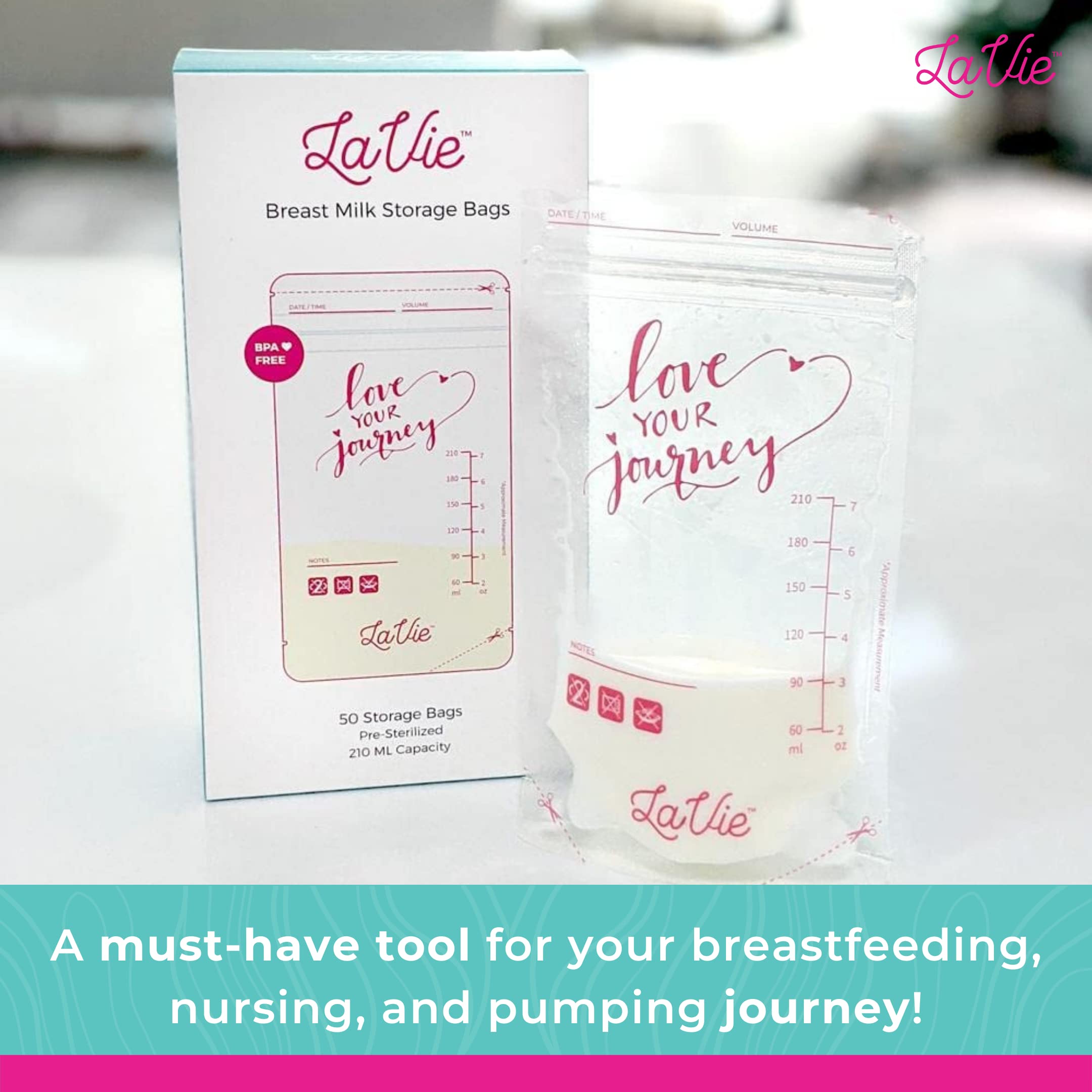 LaVie Breast Milk Storage Bags, 50 Count, 7 Ounce, Pre-Sterilized Breast Milk Containers, Leak-Proof, Space Saving, Self Standing for Refrigerating or Freezing Breast Milk (Pink)