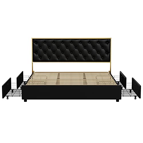 HIFIT Queen Bed Frame with 4 Storage Drawers, Faux Leather Queen Platform Bed Frame with Button Tufted Headboard, Heavy Duty Mattress Foundation with Wooden Slats, No Box Spring Needed, Golden & Black