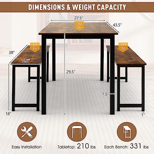 NAFORT 3-Piece Dining Table Set for 4, Kitchen Table with 2 Benches, 43.5ββ Space Saving Dining Room Table with Metal Frame & Solid MDF Wood Board, Ideal for Home, Restaurant, Patio Outdoor
