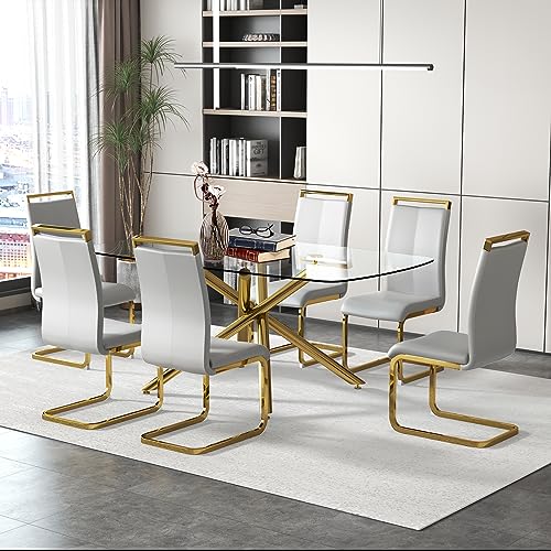 FURNITO Glass Dining Table,Gold Dining Room Table,Transparent Glass Kitchen Table with Golden Chrome Legs,71'' Oval Glass Dining Table Ideal for Living Room Home Office(6-8 People)