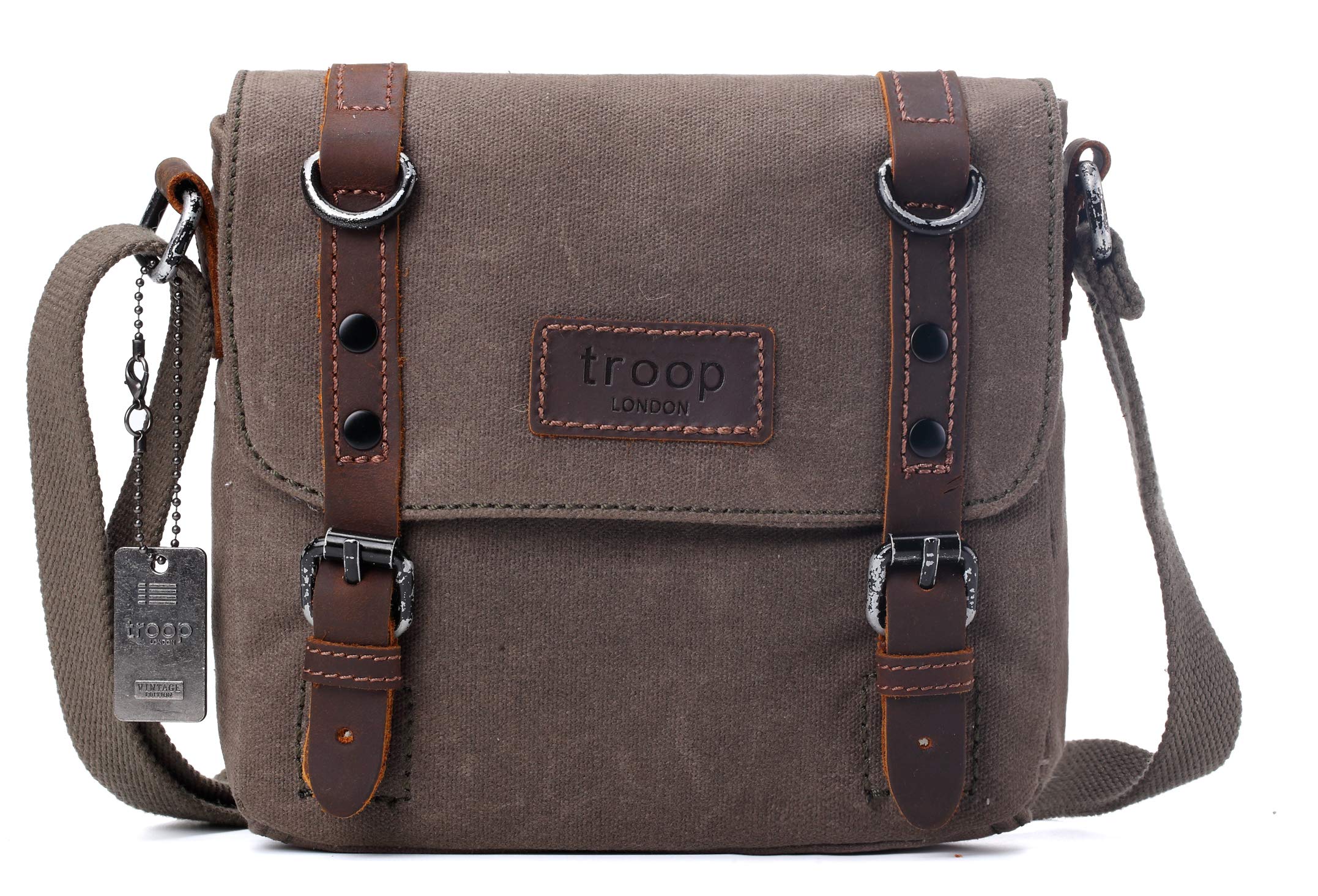 Troop London Heritage Canvas Leather Shoulder Bag, Across Body Bag, Smart Small Travel Bag TRP0428 (Olive)