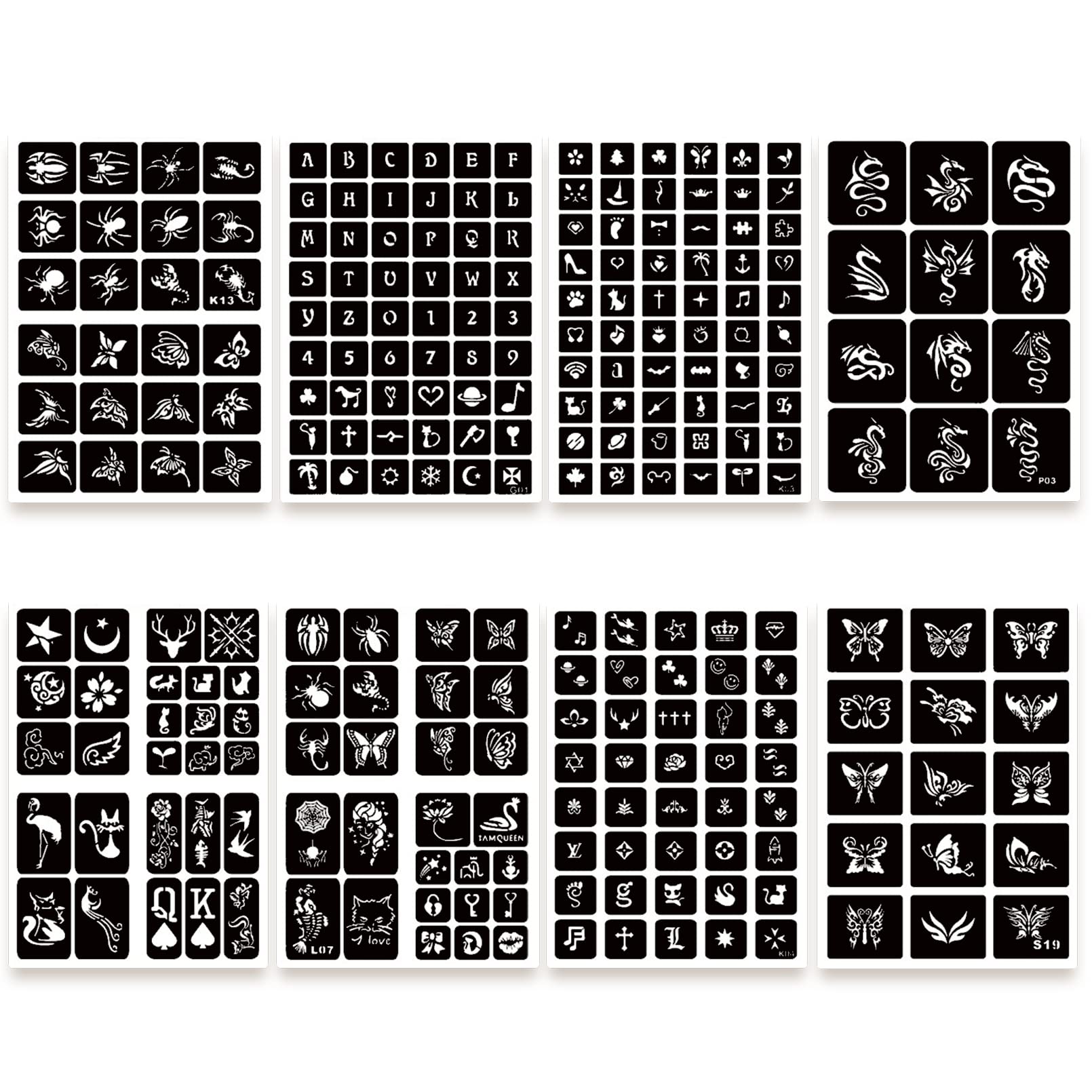 ChurlChurl 575pcs Temporary Tattoo Stencils, 20 Sheets Henna Tattoo Stencil Kit for Women Girls Kids and Boys Face Body Paint DIY Art Reusable Glitter Tattoo Stencils Pack