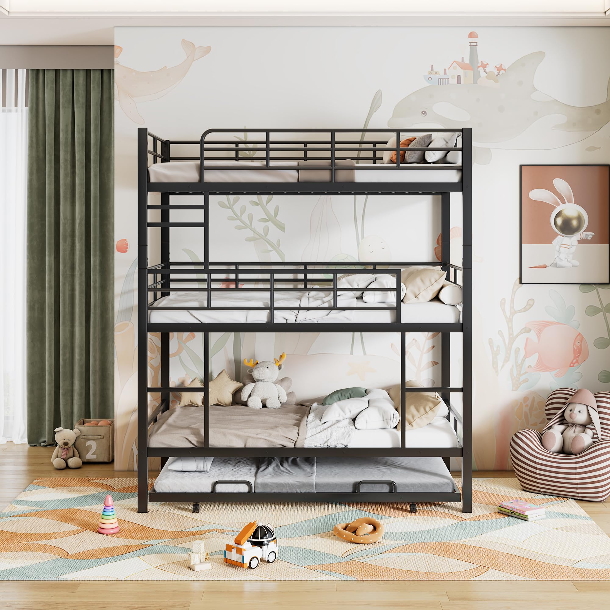 RuiSiSi Triple Twin Metal Bunk Bed with Trundle, 3 Twin Bunk Beds for Kids with Ladder, Can Be Divided Into 2 Beds, Heavy Duty Frame(Black)