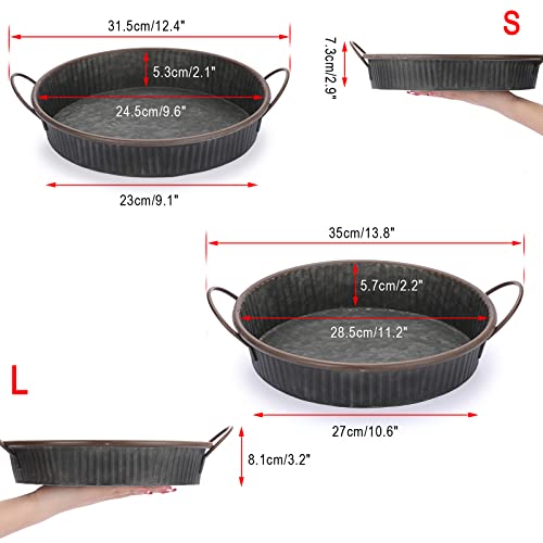 Hipiwe Galvanized Metal Iron Tray with Handles Farmhouse Rustic Decorative Tray Industrial Style Serving Tray Round Galvanized Tray for Coffee Table, Home Decor (Set of 2)