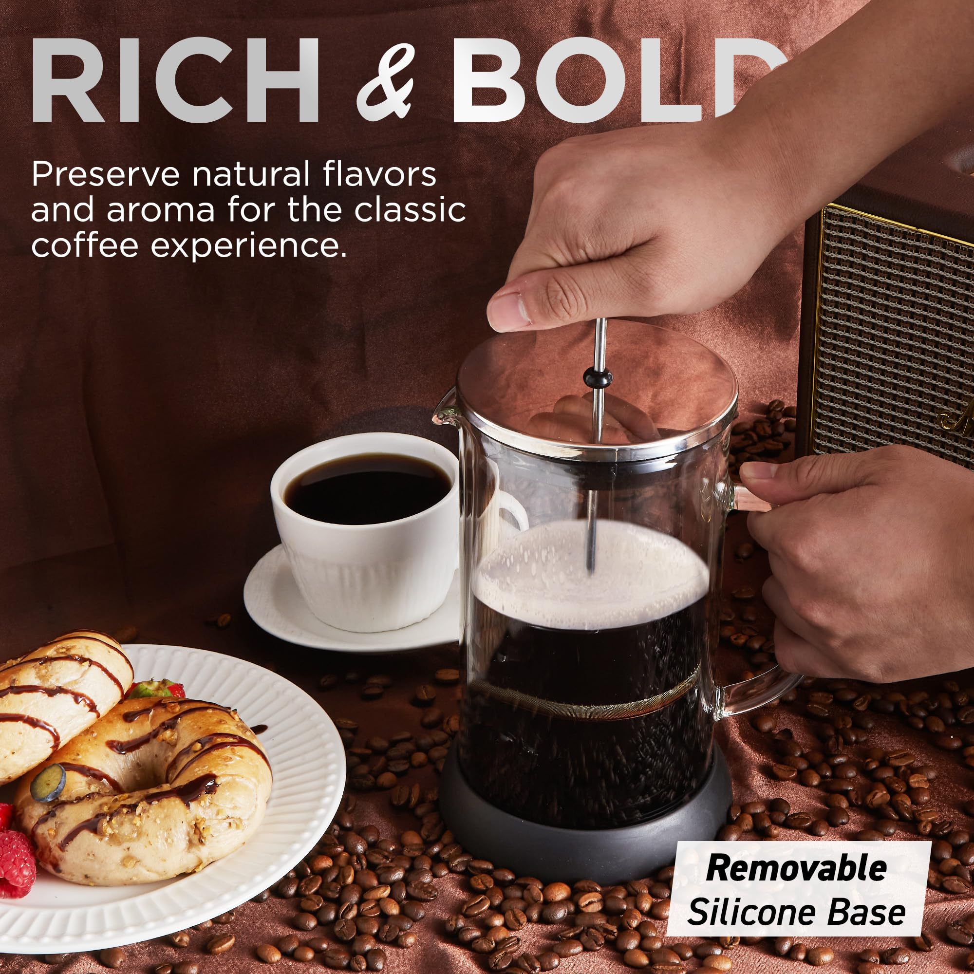 Elite Gourmet FP1223X French Press 34-Ounce, Double Wall Insulated Heavy Duty Thick High-Heat Borosilicate Glass, BPA-Free, Cold Brew Coffee Maker, 1-Liter