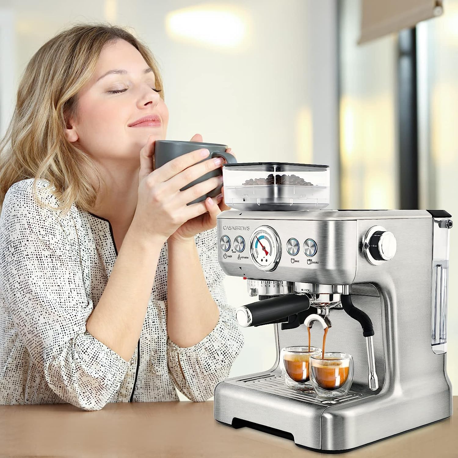 CASABREWS Espresso Machine With Grinder, Professional Espresso Maker With Milk Frother Steam Wand, Barista Espresso Coffee Machine With Removable Water Tank, Used