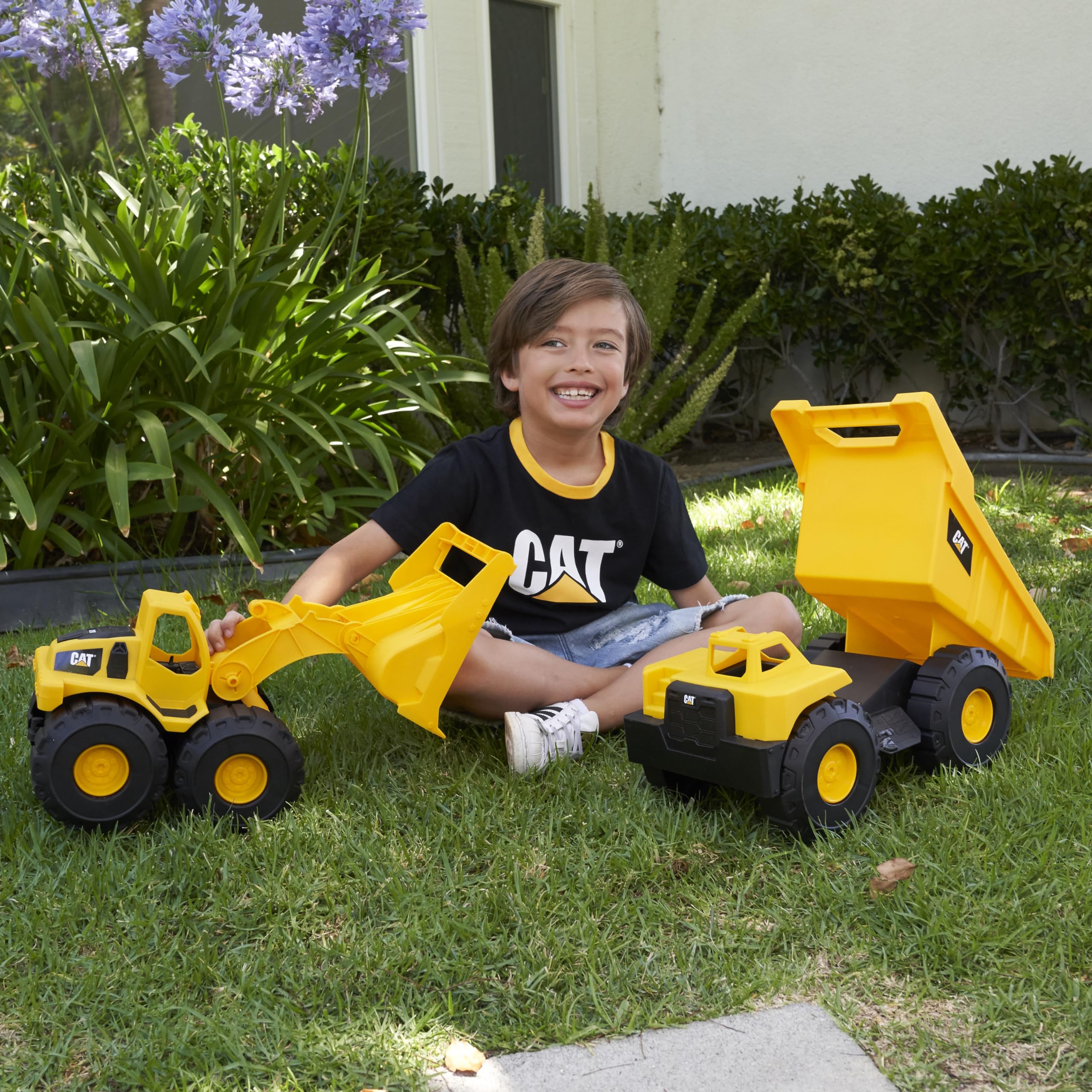 CAT Construction Toys, Tough Rigs 15" Dump Truck & Loader Set Toys 2 Pack Ages 2+, Kid Powered CATerpillar Vehicle Set, Indoor or Outdoor Play, No Batteries Required