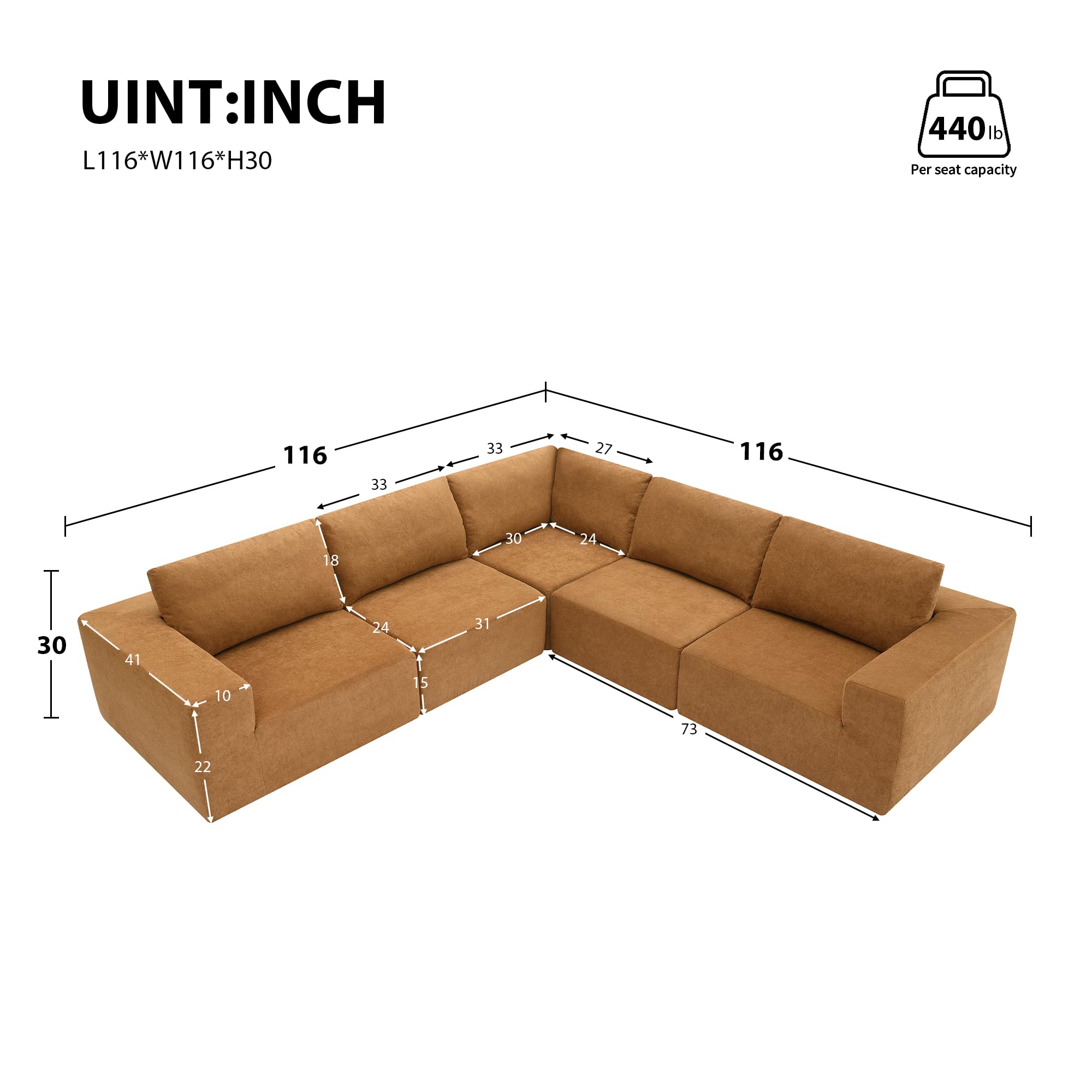 Favfurish Modular L Shaped Sectional Sofa,Sleeper Couch Set,Upholstered Reversible Sofa-Bed,5 PC Free Combination,for Living Room Bedroom Apartment,Brown