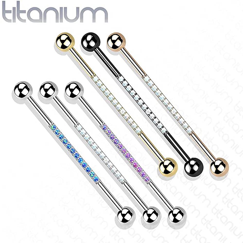 Covet Jewelry Titanium Industrial Barbell with CNC Lined Opal on Bar (Steel/Opal Purple)