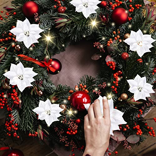 MOONET 12 Pcs Christmas Tree Decor Flowers Artificial Flannel Fabric Flowers with Clips Ornaments for Christmas Party Wedding, 6.69 inch (White)