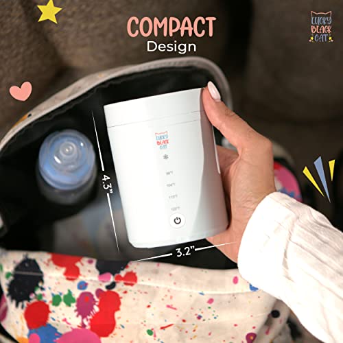 Portable Bottle Warmer for Travel by Lucky Black Cat, Travel Bottle Warmer with 6 Adapters, 4 Minutes Fast Heating Portable Bottle Warmer for Breastmilk, 4 Temperature Settings, Cordless Bottle Warmer