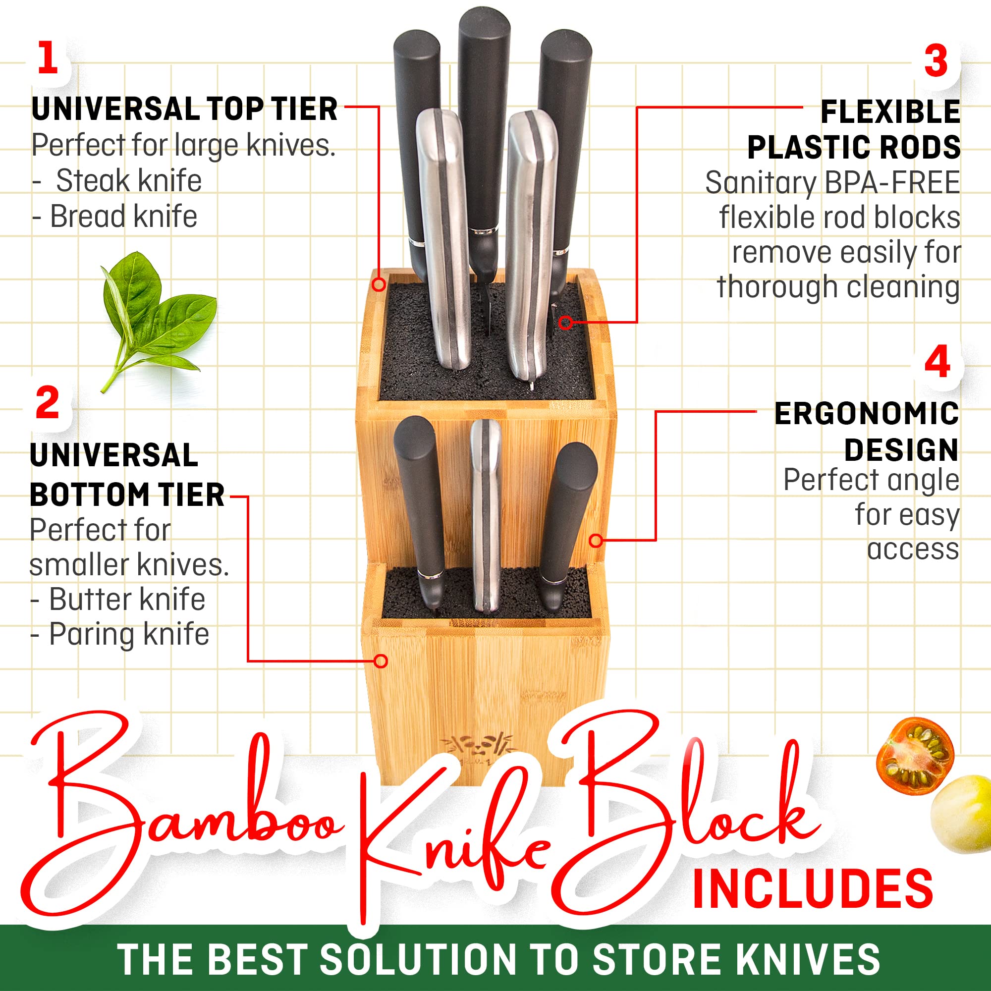 PANDA LAND Bamboo Universal Knife Block Without Knives | Upto 20 Knives Extra Large Capacity Kitchen Knife Organizer | Kitchen Knife Holder for Counter Top Knife Block Set Kitchen Gadgets Utensils