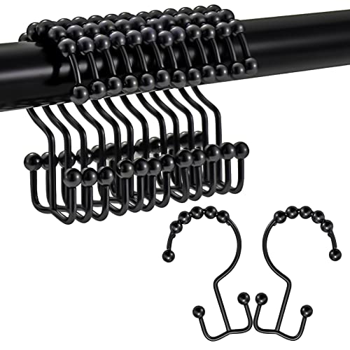 HAOBAOBEI Shower Curtain Rings Hooks, 12 Pack Bathroom Double Curtain Hooks for Christmas Shower Curtain Liner, Metal Rust-Resistant Roller Ball Sliding Hooks for Bathroom Shower Curtains Rods (Black)
