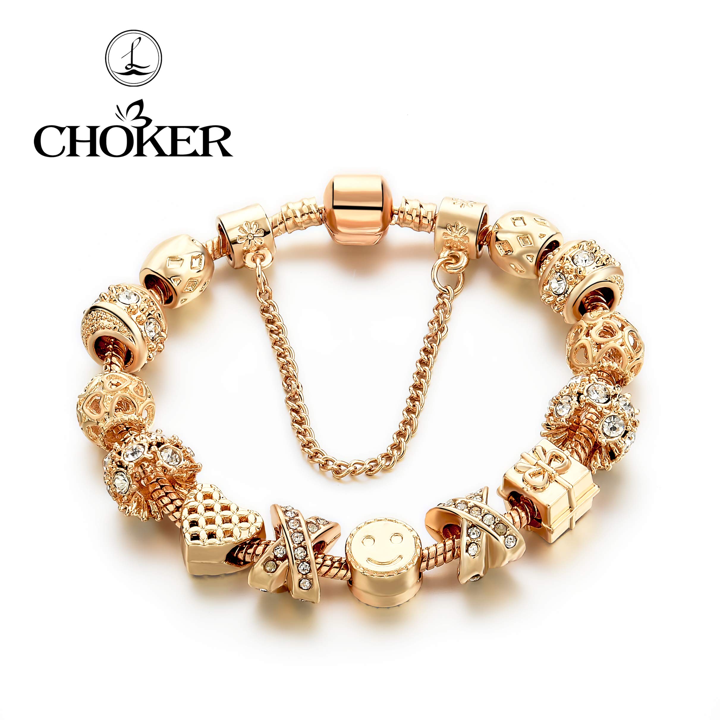 CHOKER Charm Bracelets for Women Gold Plated Snake Chain Heart Shape Smile Rhinestone Beads Charming Girlfriend Mom Gift