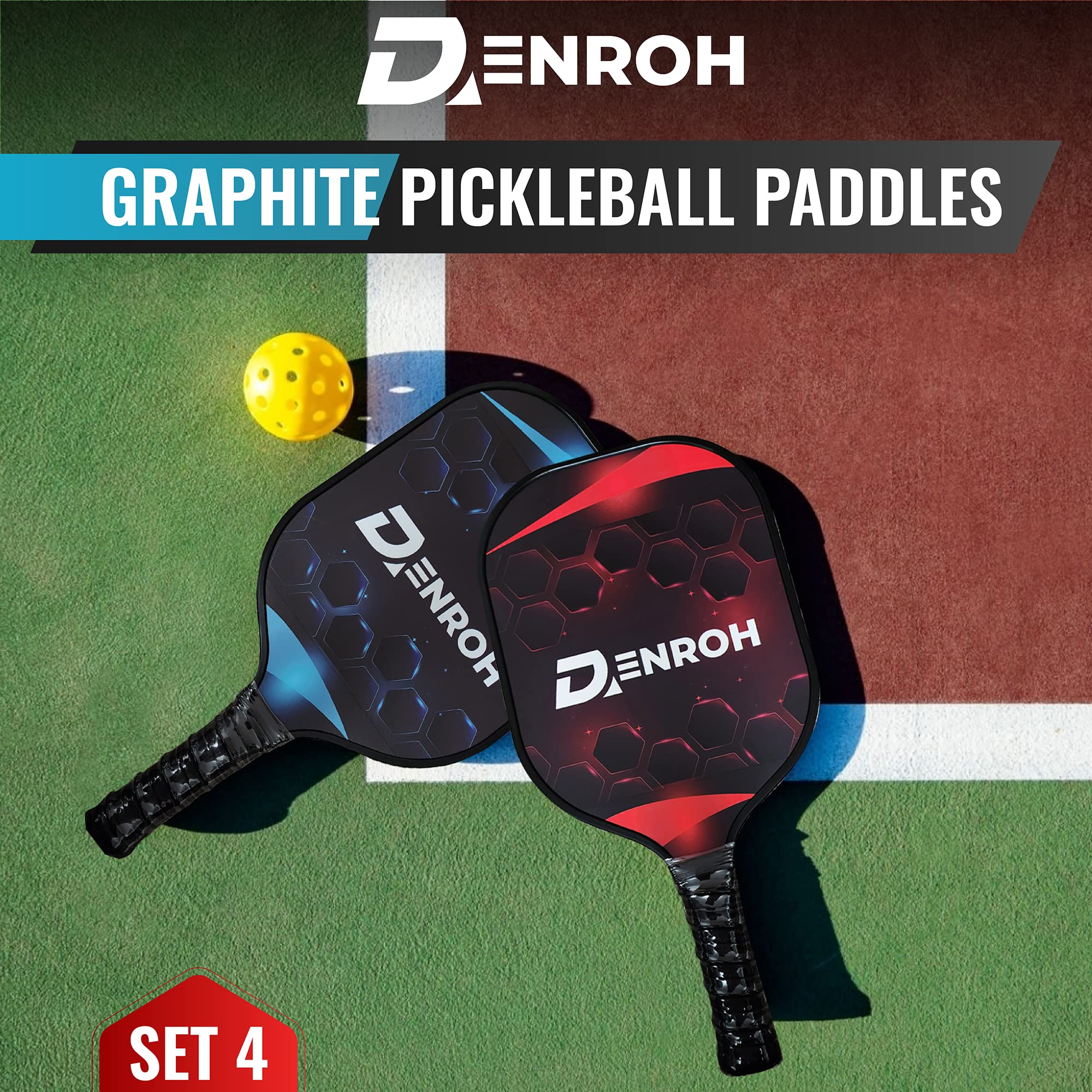 DENROH Pickleball Paddle Set of 4 – Carbon Fiber Pickleball Paddle Set with Balls, Retrievers, Covers – Premium Lightweight Graphite Paddle Racket Set with Accessories – Pickleball Gifts for Men Women