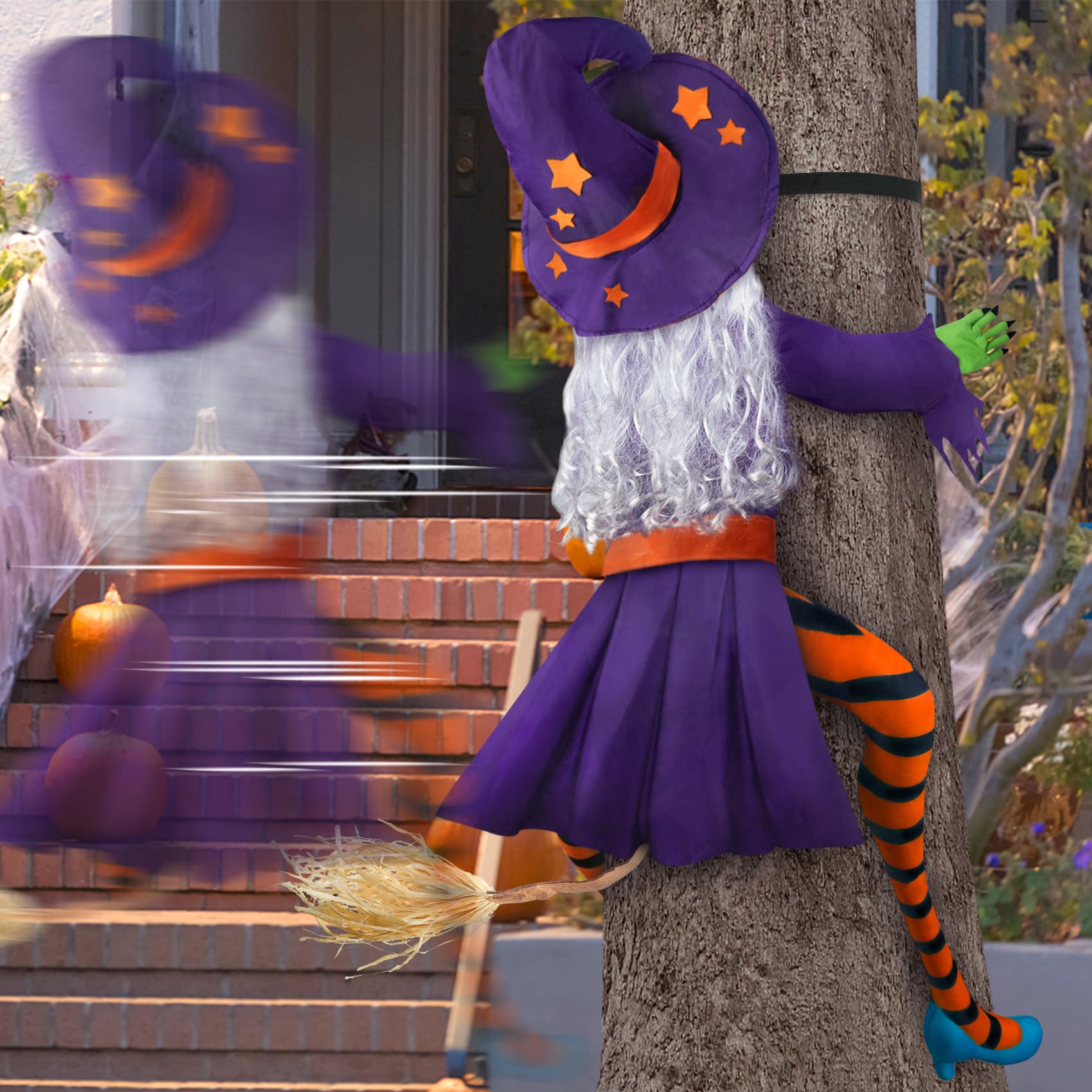 Crashing Flying Witch Halloween Decorations (63''H), Hanging into Tree Porch Pole Witches for Outdoor Front Yard Garden Patio Outside Party Decor