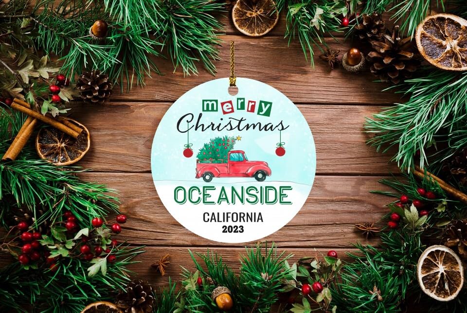 Christmas Ornament Oceanside California Ornaments Tree 2023 Xmas Decorations Red Car Gift Rustic Holiday Party Unique Home Deco Long Distance Gift MDF Plastic 3" White