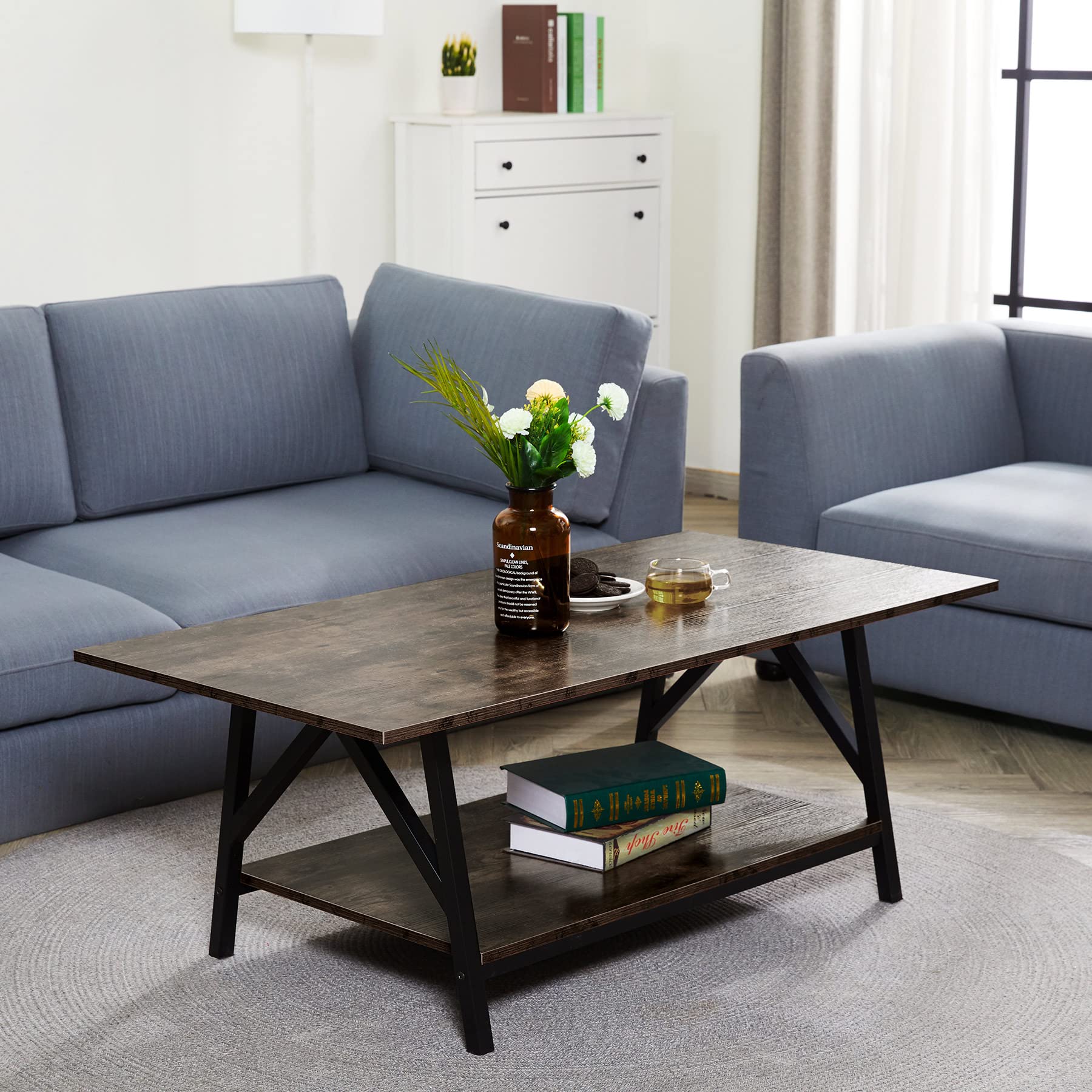 CO-Z 47" Industrial Coffee Table with Storage Shelf, Wood and Metal Legs for Living Room, 2-Tier Accent Cocktail Table, Easy Assembly, Rustic Brown