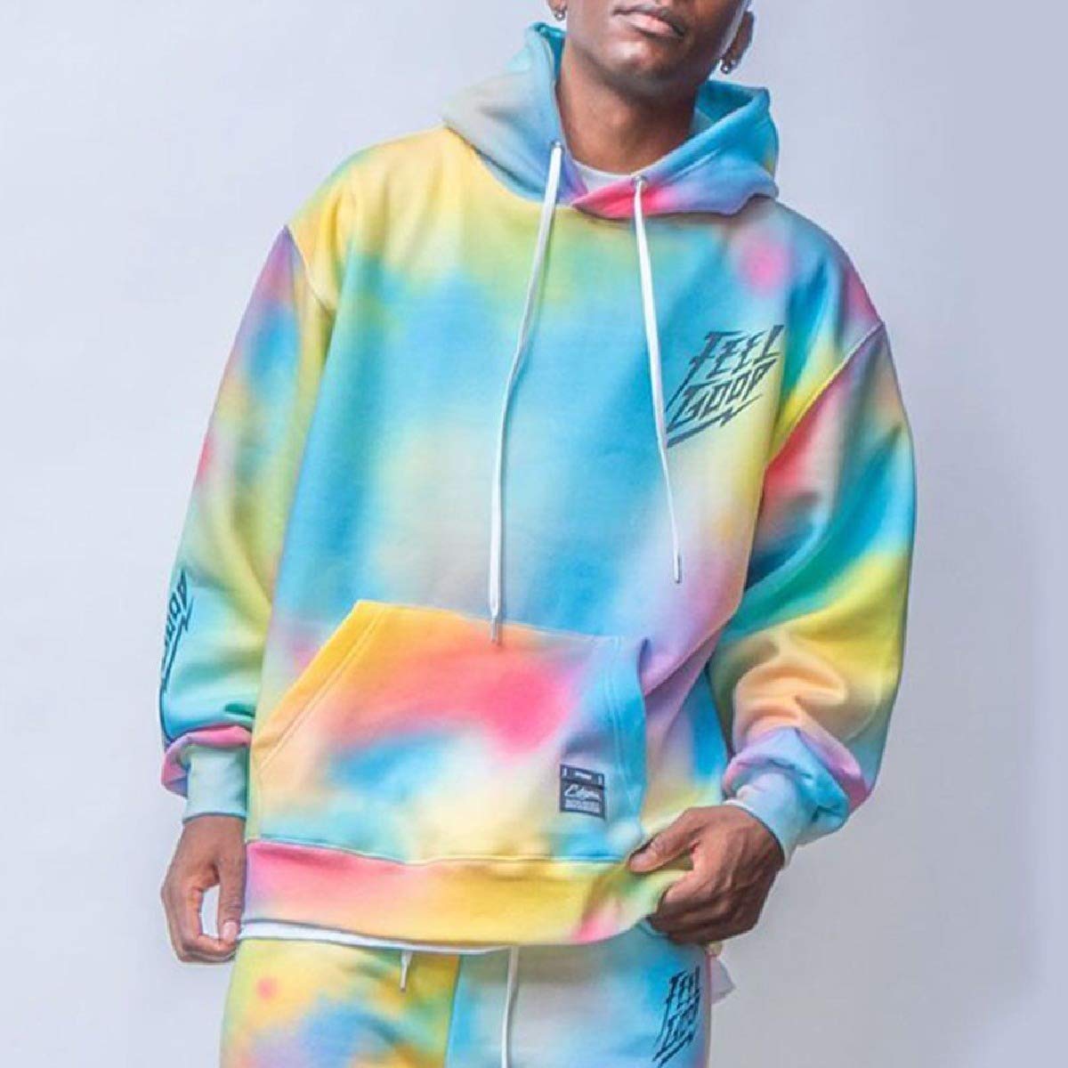 Comaba Men's Tie-Dye Workout Loose Fit Personalized Long Sleeve Hood Sweat Suit Set Light Blue 2XL