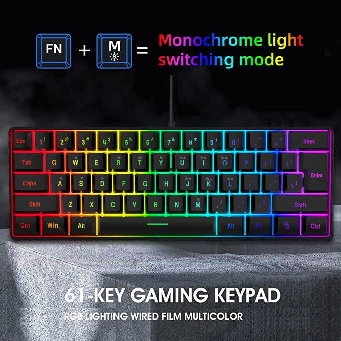 DGG 60% Wired Gaming Keyboard,Colorful Rainbow Key Cap,RGB Ergonomic Waterproof Small Mechanical Feeling Keyboard, for PC Mac PS4 Xbox Gamer, Typist, Travel