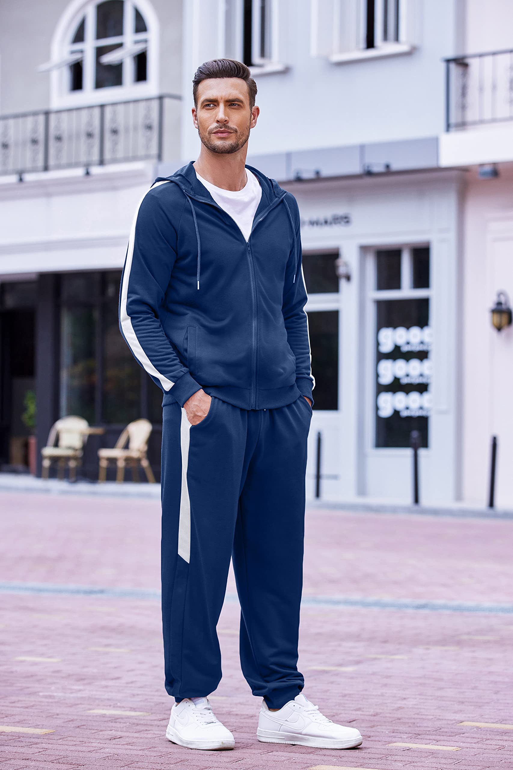 COOFANDY Men's Casual Tracksuit Set Long Sleeve Hooded Full-Zip Warm Sports Suit for Spring,Autumn,Winter, Deep Sky Blue, Medium