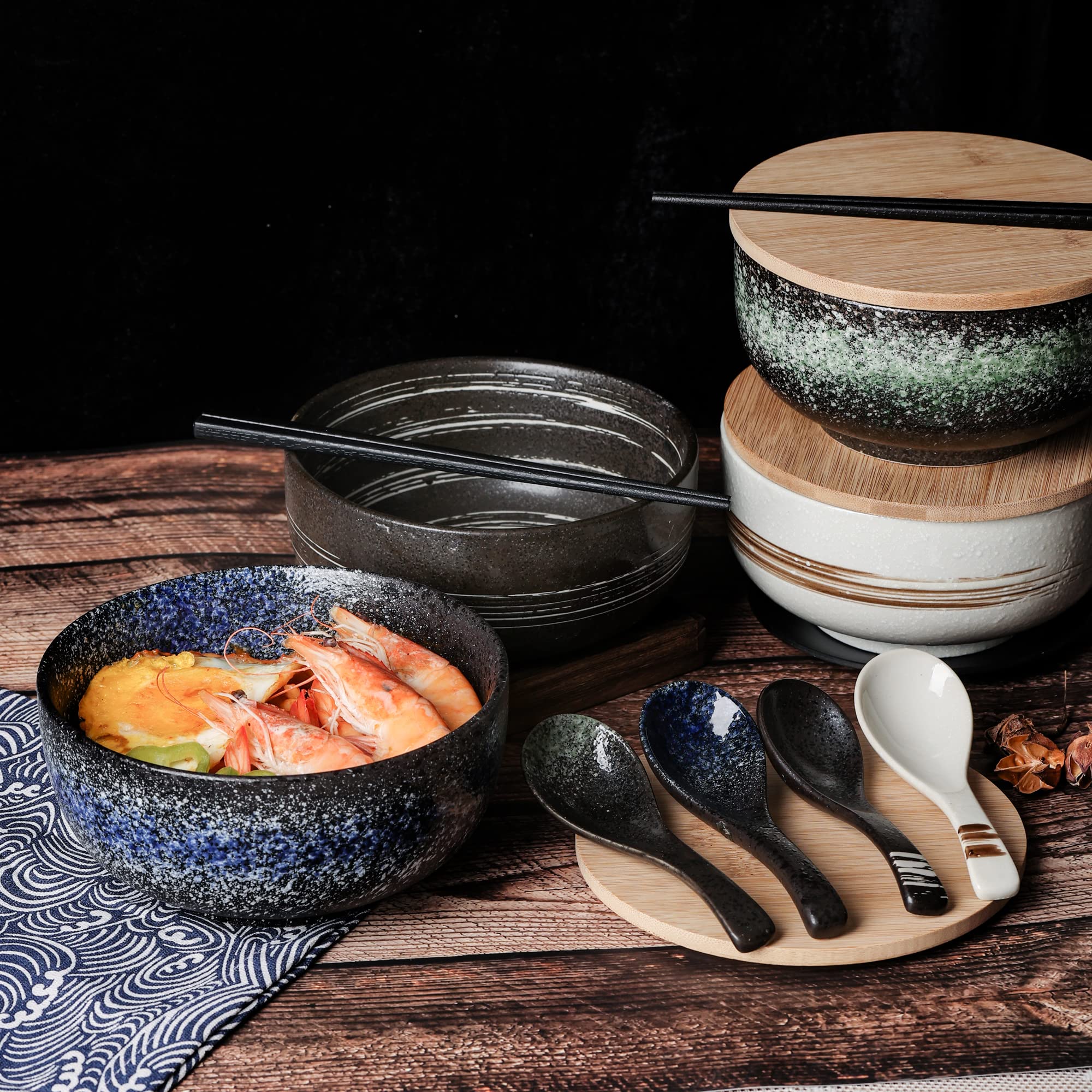 Cteaffee 38 OZ Large Ceramic Ramen Bowls Sets, Japanese ramen bowls, soup bowl, noodle bowls with Spoons and Chopsticks For Salad, Rice, Noodles, Microwave & Dishwasher Safe (Ramen bowl set)