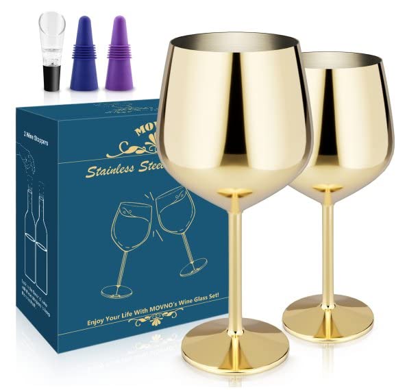 Stainless Steel Wine Glass Set of 2, 18oz Gold Wine Glass, Unbreakable Metal Wine Glasses with Wine Stoppers and Pourer, Stemmed Wine Goblet Perfect Gifts for Travel Outdoor Party