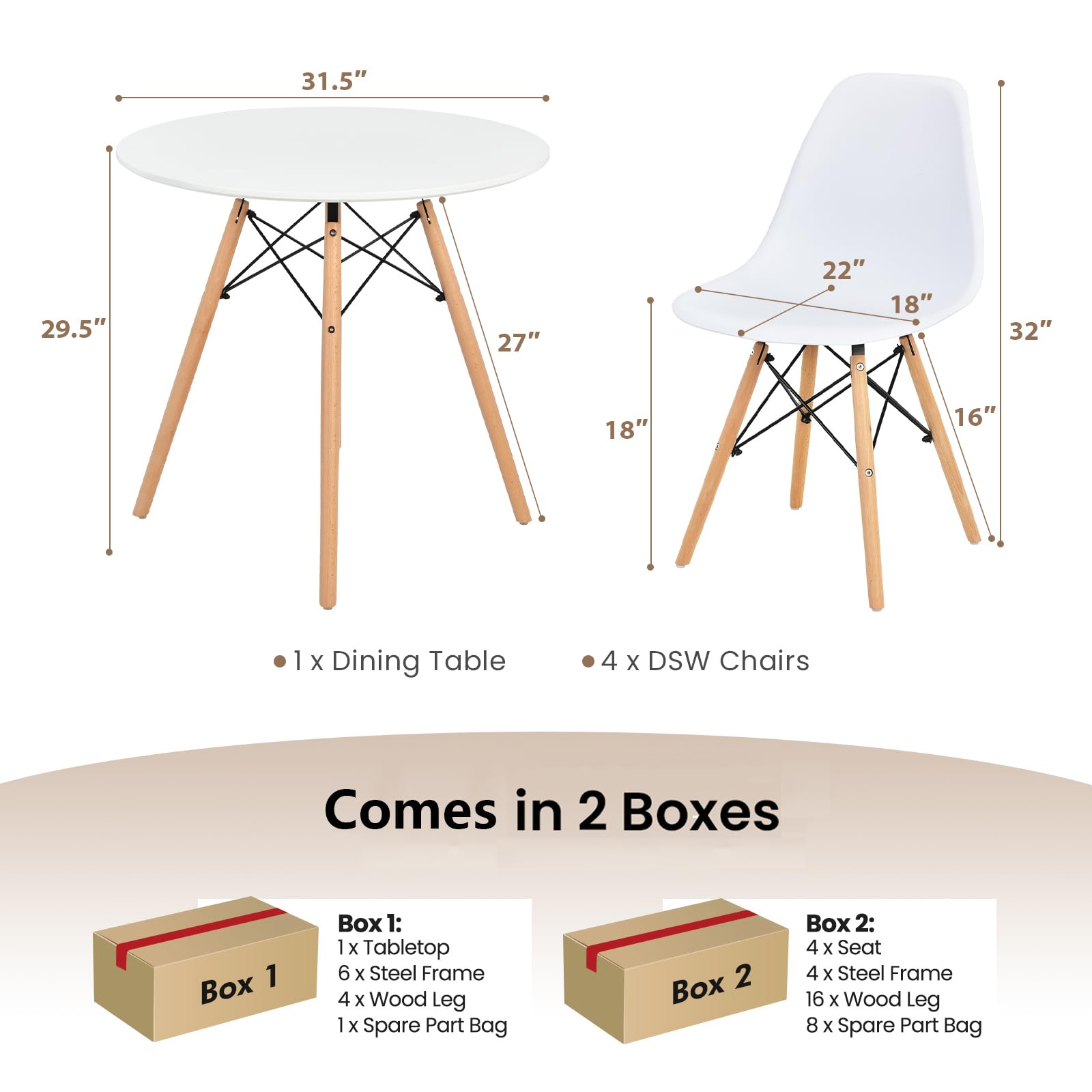 LDAILY Moccha Dining Table Set for 4, 5-Piece Kitchen Table Set with Round Dining Table & 4 Chairs, Breakfast Set with Solid Wood Legs, Modern Space-Saving Dinette Set for Dining Room, Kitchen, White