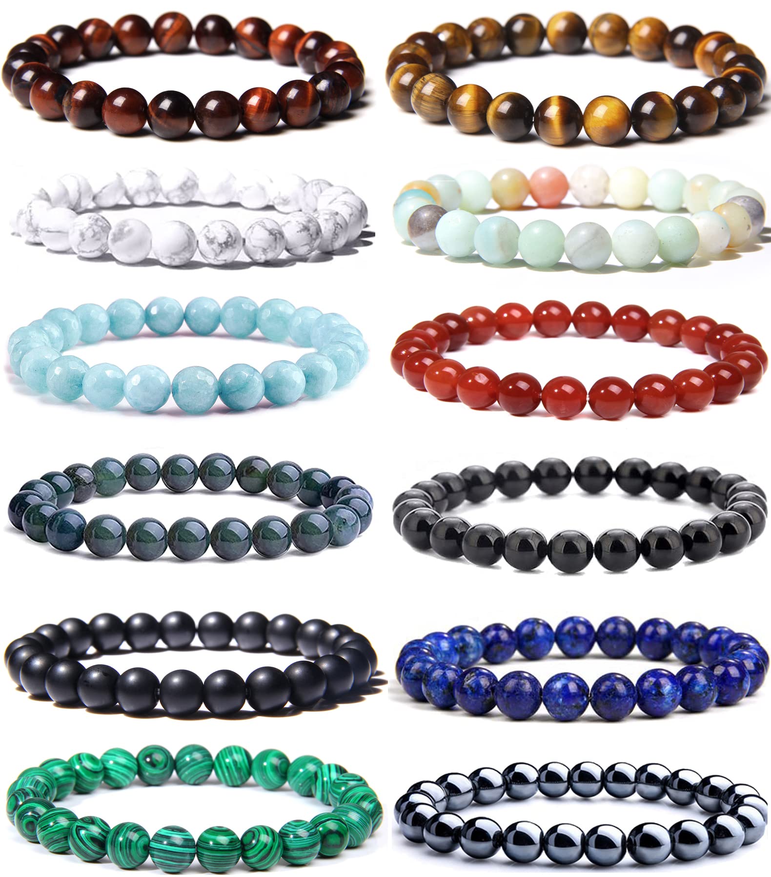 CASDAN 12 PCS 8mm Semi-Precious Gemstone Bracelet Healing Crystal Stone Stretch Bracelets for Women Men Round Beaded Elastic Bracelets