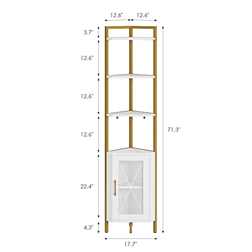 HITHOS 71" Tall Corner Shelf, 6-Tier Corner Bookcase, Gold Bookshelf with Storage Cabinet, Modern Display Shelf, Free Standing Storage Rack Plant Stand for Living Room, Bedroom, Home Office, White