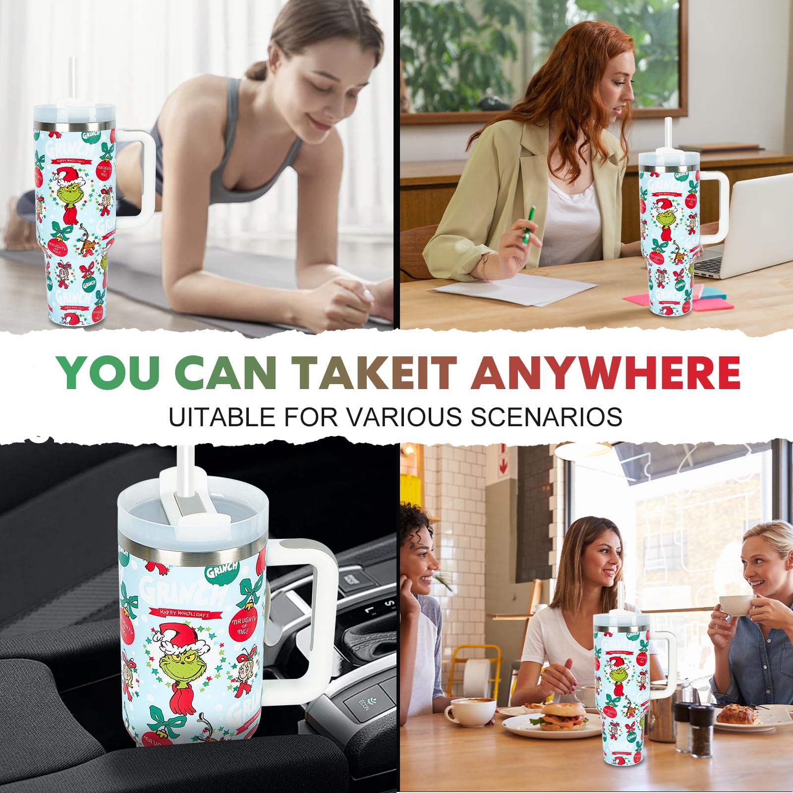Funny Chrismas Stainless Steel Xmas Tumbler with Handle and Straw, Fits in Standard Cup Holder, 40 Ounces