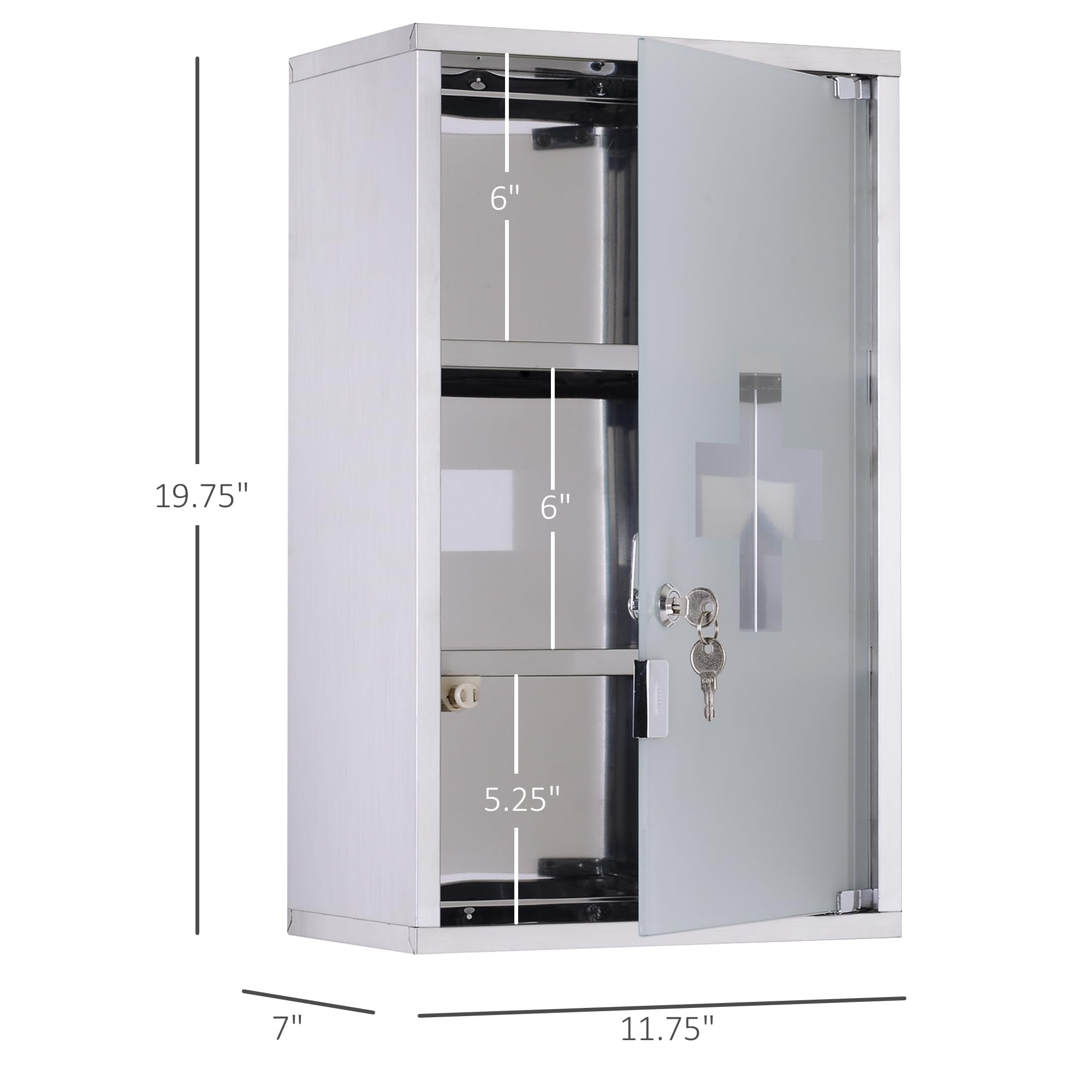 HOMCOM Wall Mounted Medicine Cabinet, Locking Wall Cabinet with 4 Tier Shelves, Stainless Steel Frame and Glass Door, Lockable with 2 Keys, Silver, 12" x 24"