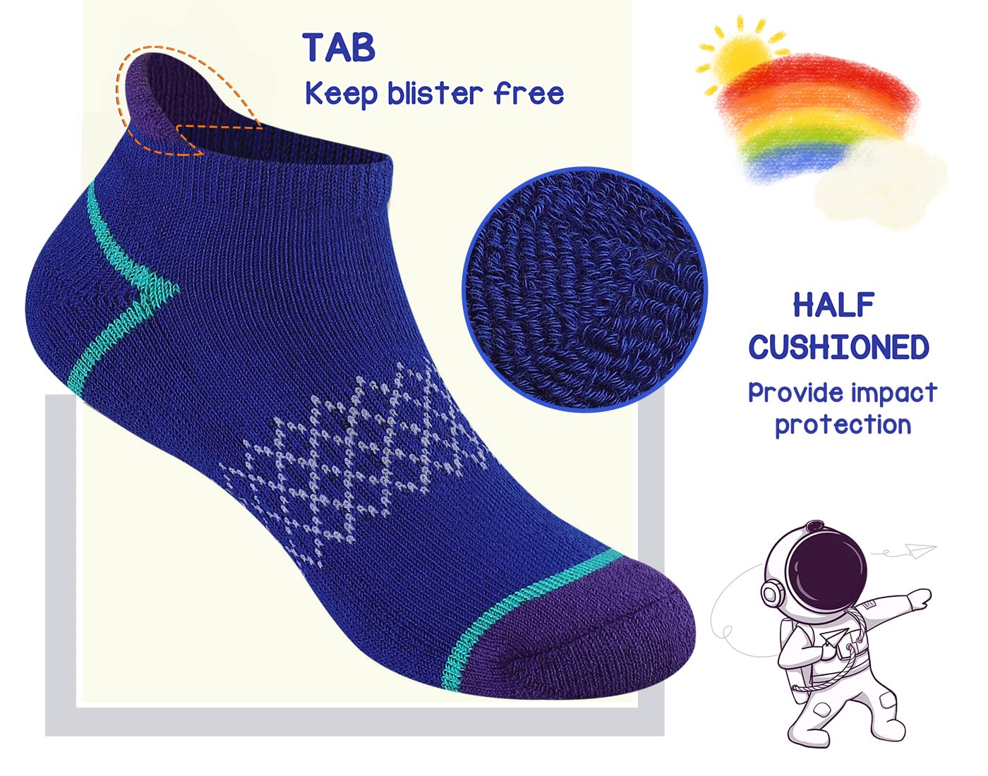 Comfoex Boys Socks 4-10 Years Old Ankle Athletic Half Cushioned Cotton Socks For Big Little Kids 6 Pairs