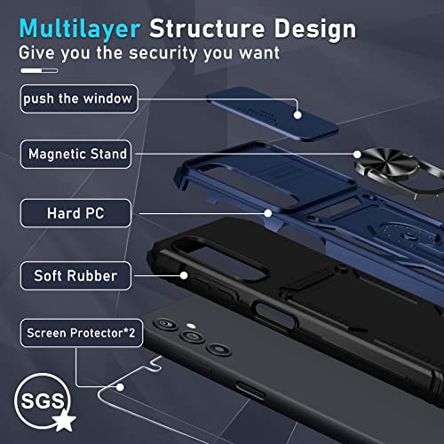 Janmitta Samsung Galaxy A14 5G Case Built in Slide Camera Lens Cover and Screen Protector,Heavy Duty Shockproof Full Body Protective Phone Cover,Built in Finger Ring Stable Holder Kickstand,2023 Blue