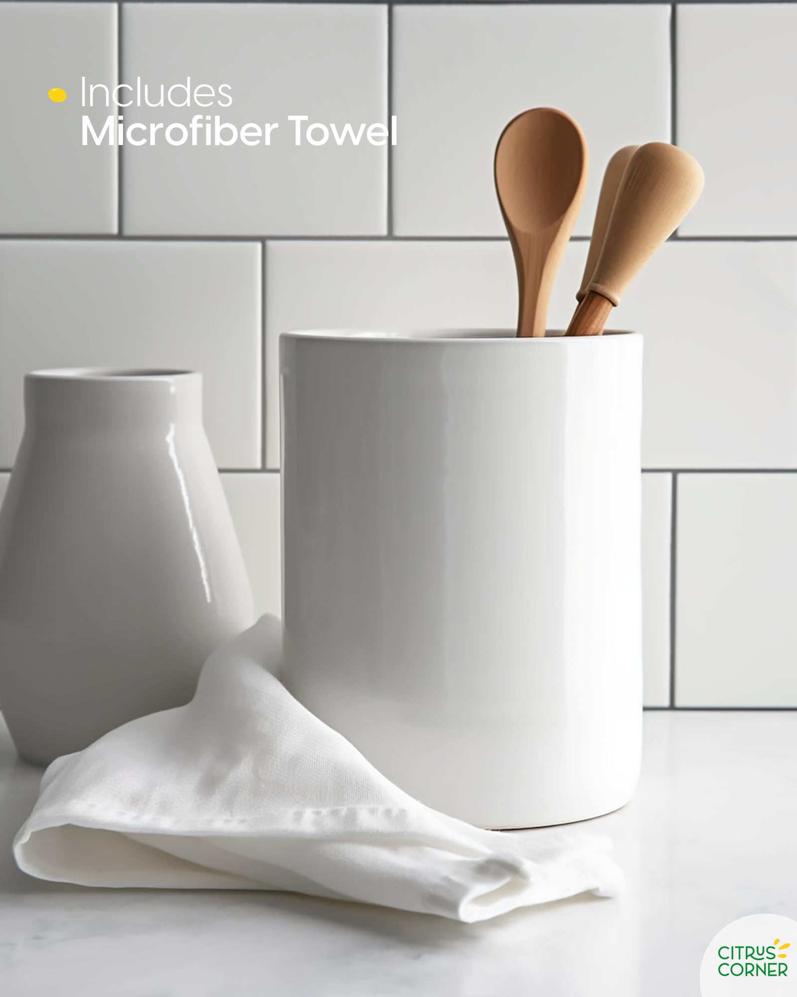 Extra Large Utensil Holder for Kitchen Counter - Ceramic Countertop Utensil Holder for Kitchen Utensils | Kitchen Utensils Holder for Countertop | Includes Microfiber Towel (Utensils Not Included)