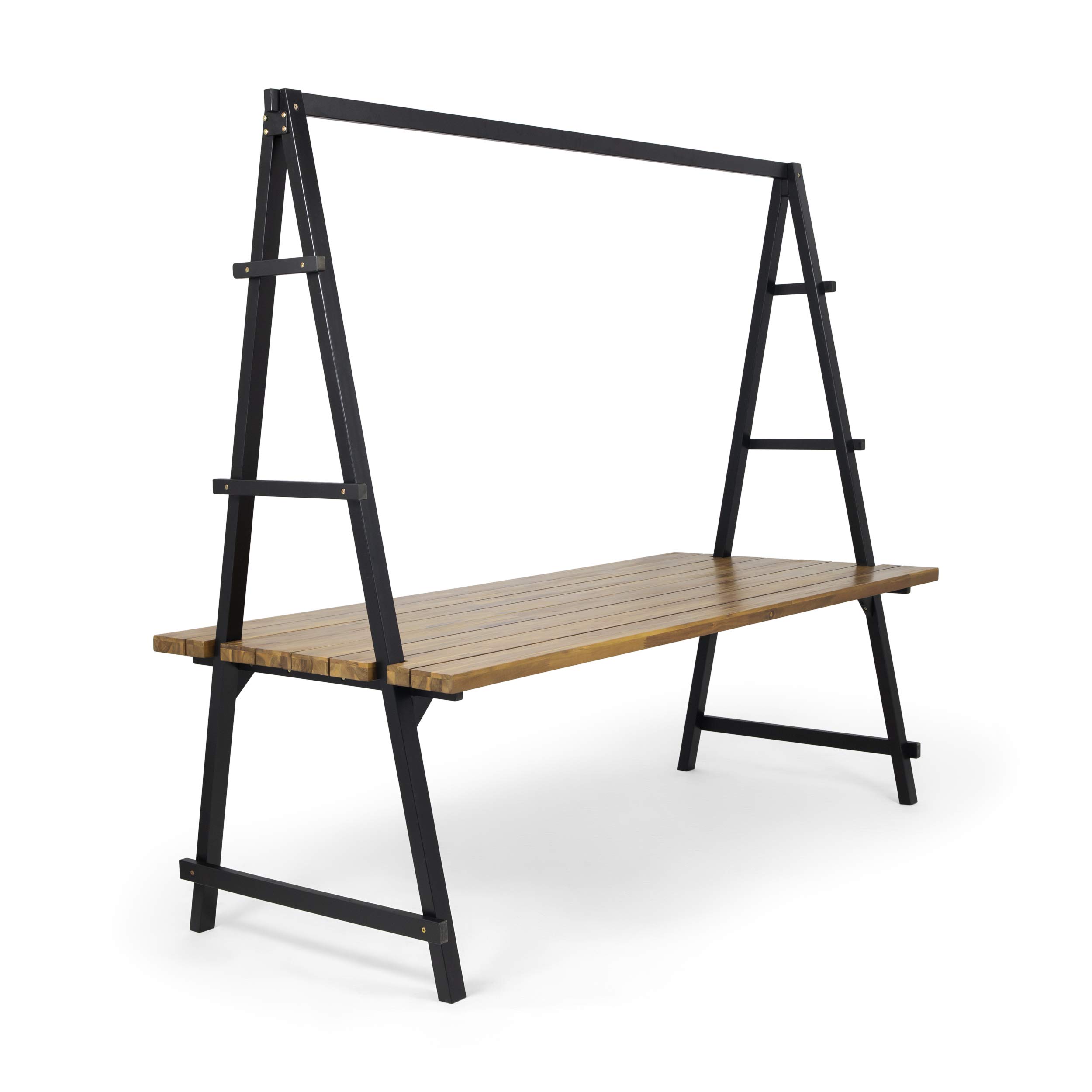 GDFStudio Outdoor Acacia Wood 88.5" Dining Table with Iron Plant Hanger, Finish and Black