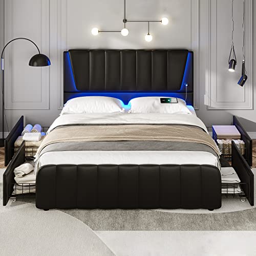 FORABAMB Full Size Bed Frame with LED Lights and USB Ports, Upholstered Platform Bed Frame with Adjustable Headboard and 4 Storage Drawers, No Box Spring Needed,Noise Free, Black
