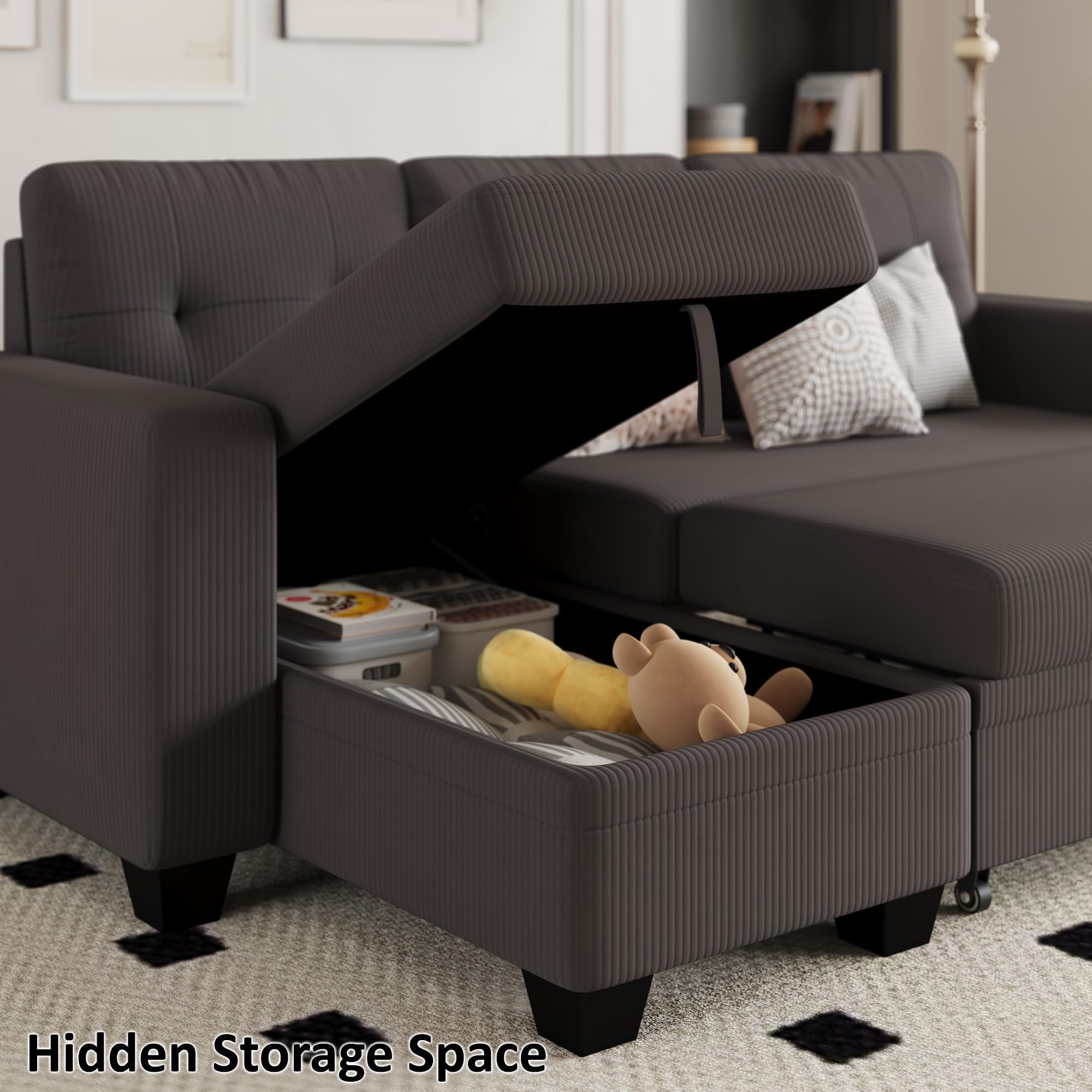 Furniwell Sleeper Sofa, L Shaped Pull Out Couch Sofa Bed with Storage Chaise Sectional Couch for Small Apartments, Living Room and Office (Corduroy)
