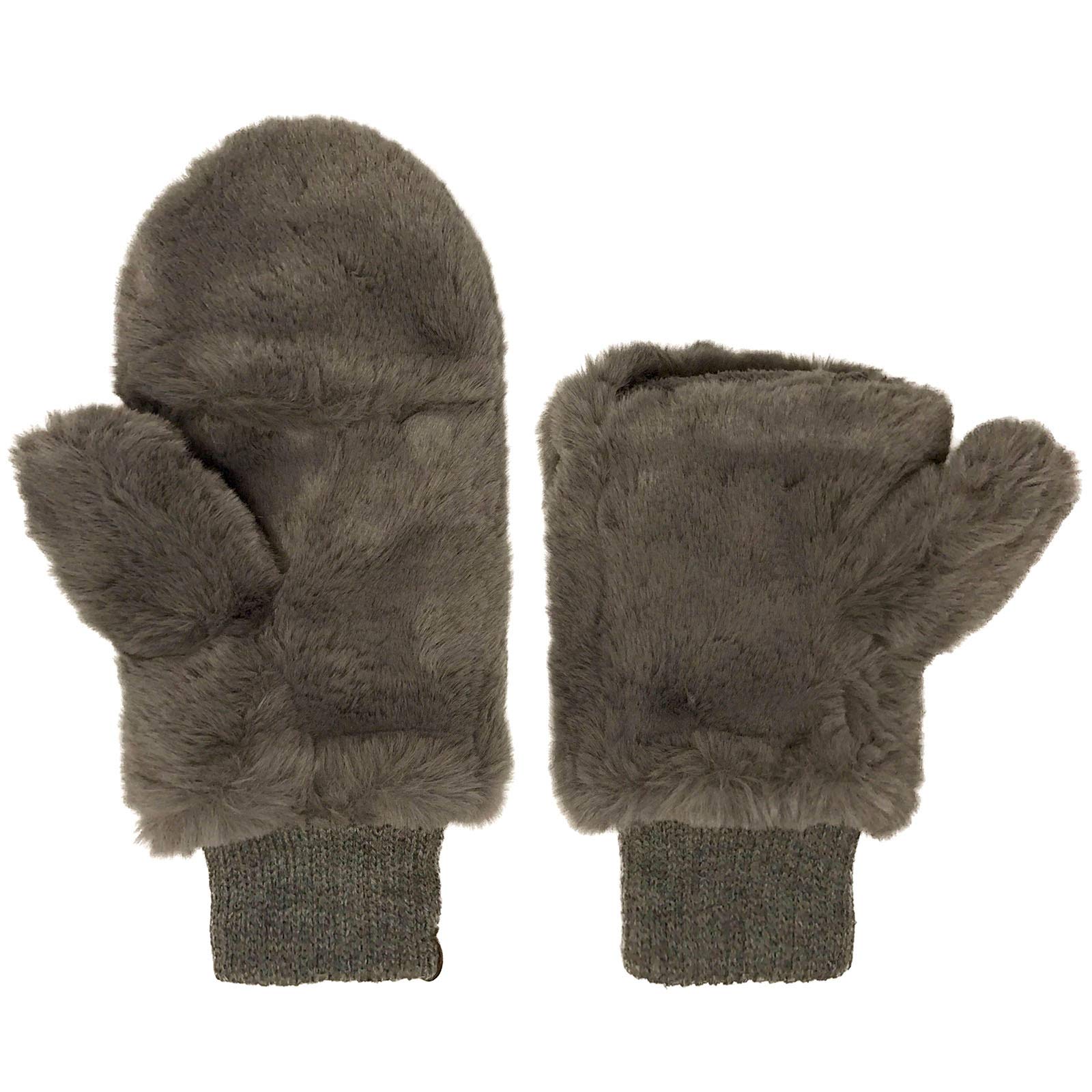 CC Soft Faux Fur Fuzzy Lined Flip Up Down Top Fingerless Mitten Gloves (Solid Dk. Melange Gray)