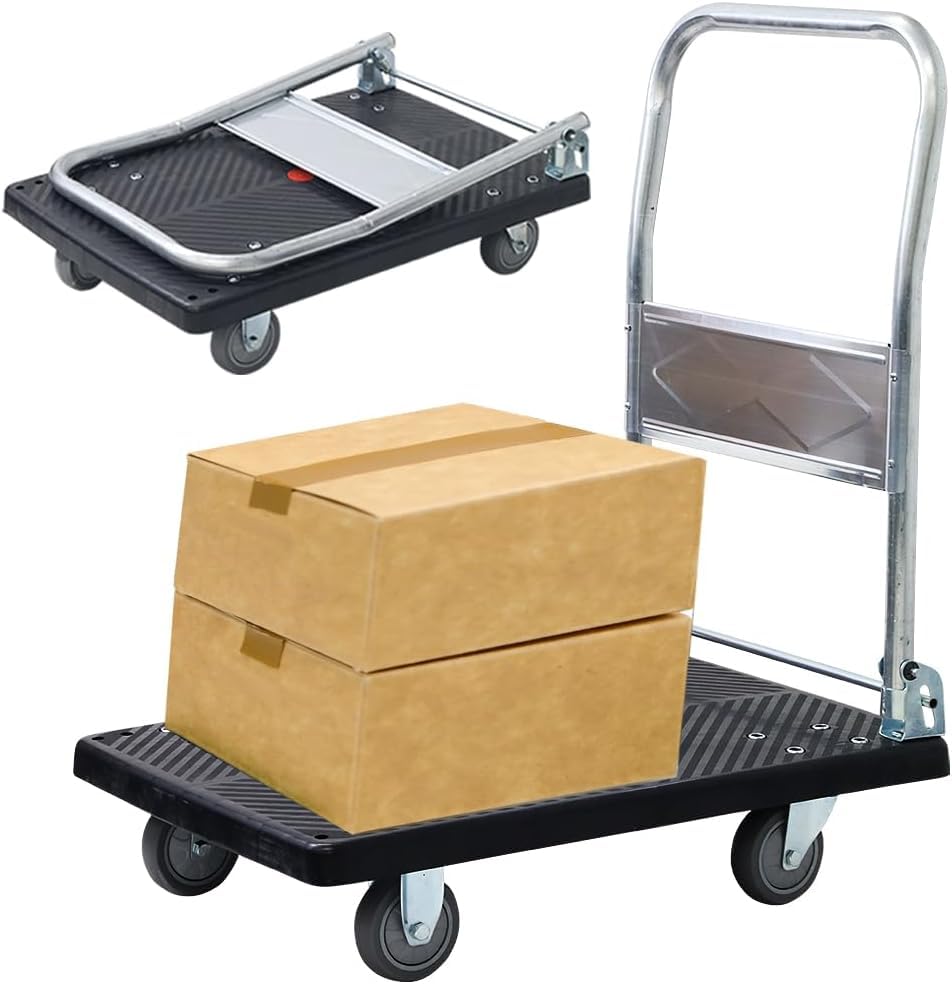 Japard Push Cart Dolly 660lbs Foldable Heavy Duty, Moving Utility Platform Hand Truck with Wheels 360 Degree Swivel, 18.8"x28.3"x33", Black