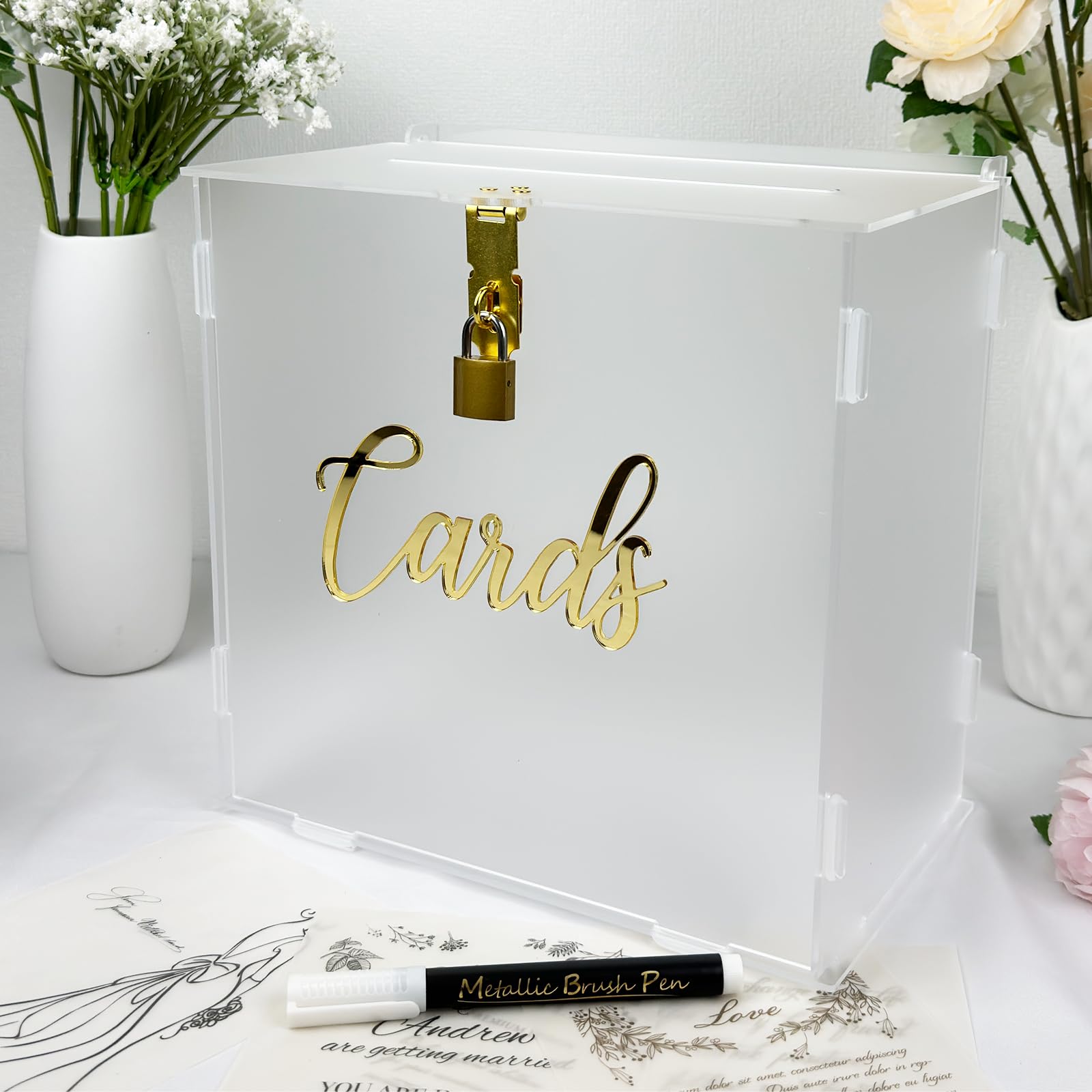 FCDECOR 10" Acrylic Wedding Card Box with Lock, Frosted Card Box for Wedding Reception, HoneyMoon Fund Box Money Box for Bridal Shower Decorations Party Reception Anniversary