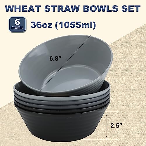 Wheat Straw Bowl Sets,6 PCS Unbreakable Cereal Bowl 36 OZ,Microwave and Dishwasher Safe Bowls,Soup Bowl Sets BPA Free Eco Friendly Bowl for Serving Soup,Oatmeal and Salad (Black Grey)
