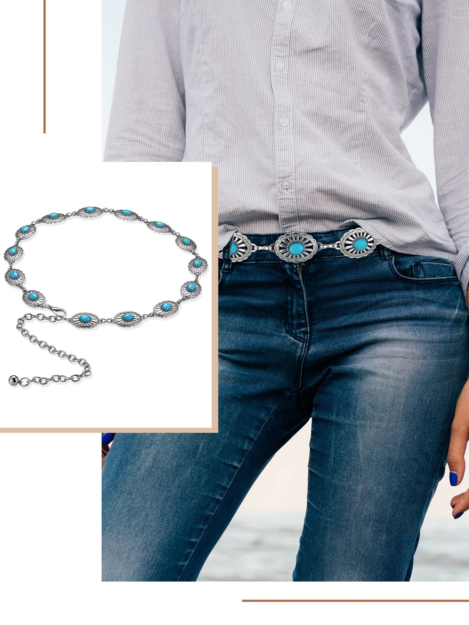 Coume Turquoise Concho Chain Belt Waist Belts for Women for Dresses Metal Belt