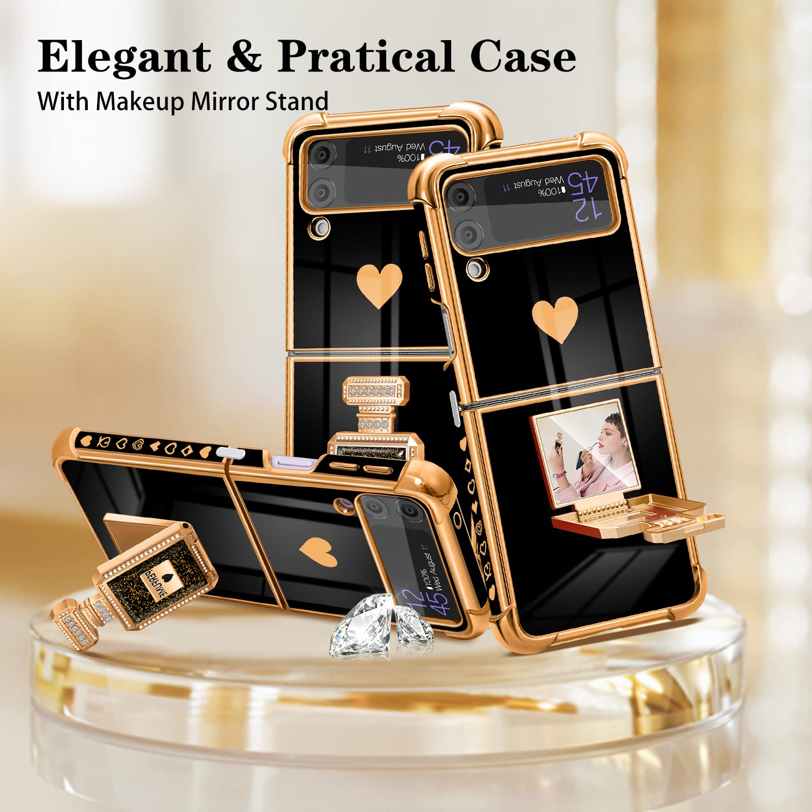 Buleens Luxury Z Flip 4 Case - Heart Metal Perfume Bottle Stand, Mirror, 6.7" Black Phone Cover